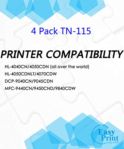 EASYPRINT (4-Pack) Compatible TN115 TN-115 Toner Cartridge Work for Brother HL-4040CN 4050CDN 4070CDW MFC-9440CN 9450CDN 9840CDW DCP-9040CN 9045CDN Printer, (1 Black 1 Cyan 1 Magenta 1 Yellow)