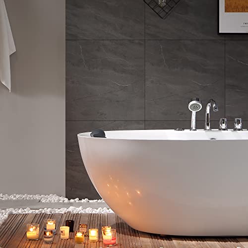 Empava 59 in. Acrylic Freestanding Tub Hydromassage Gracefully Oval Shaped Whirlpool 7 Water Jets Soaking SPA, Double-Ended Massage Bathtub with Black Pillow , White