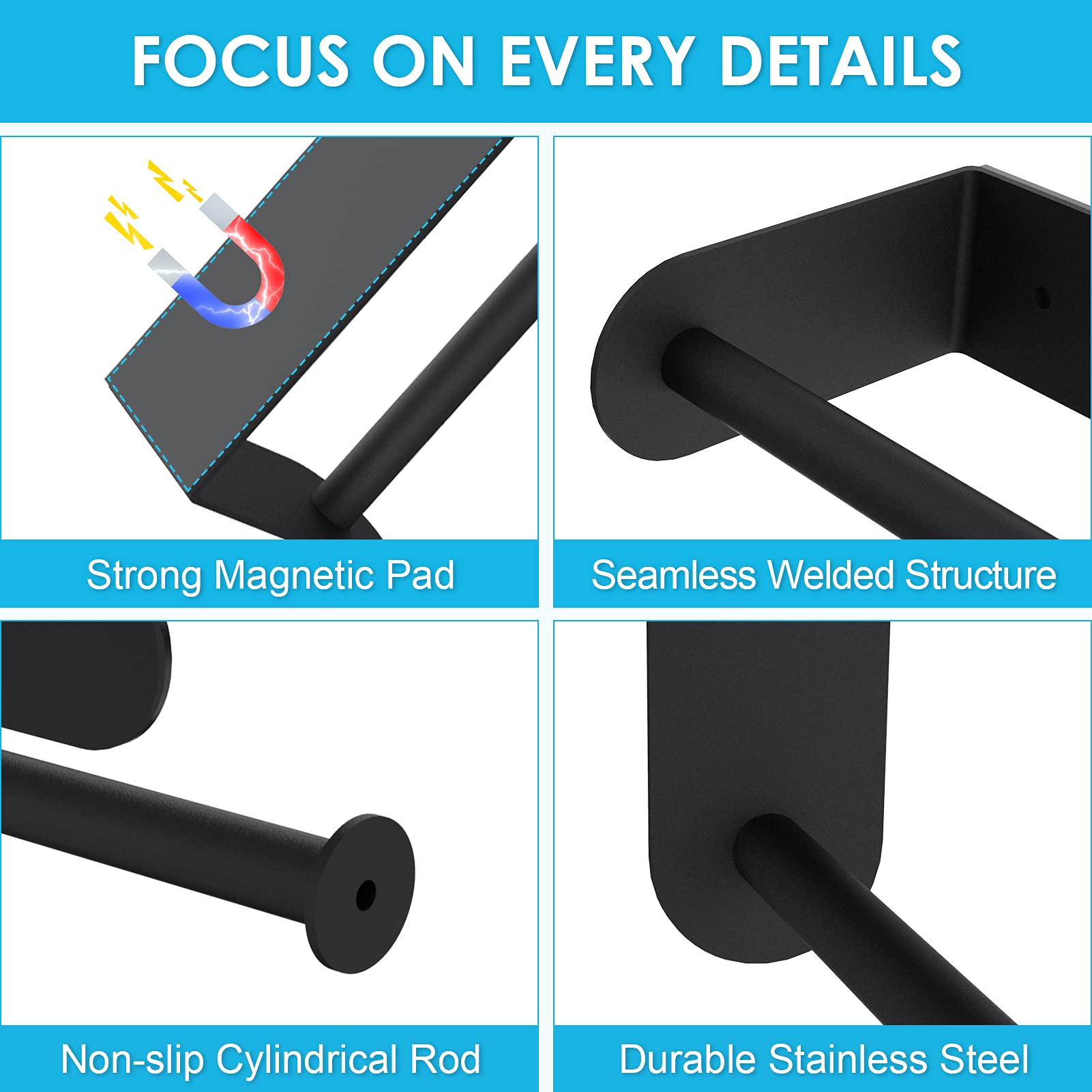 Magnetic Paper Towel Holder - Multifunctional Towel Bars with Magnetic Backing - Sticks to Any Ferrous Surface - Black Paper Towel Rack for Kitchen, Work Benches, Refrigerator, Grill, Fridges, Garage