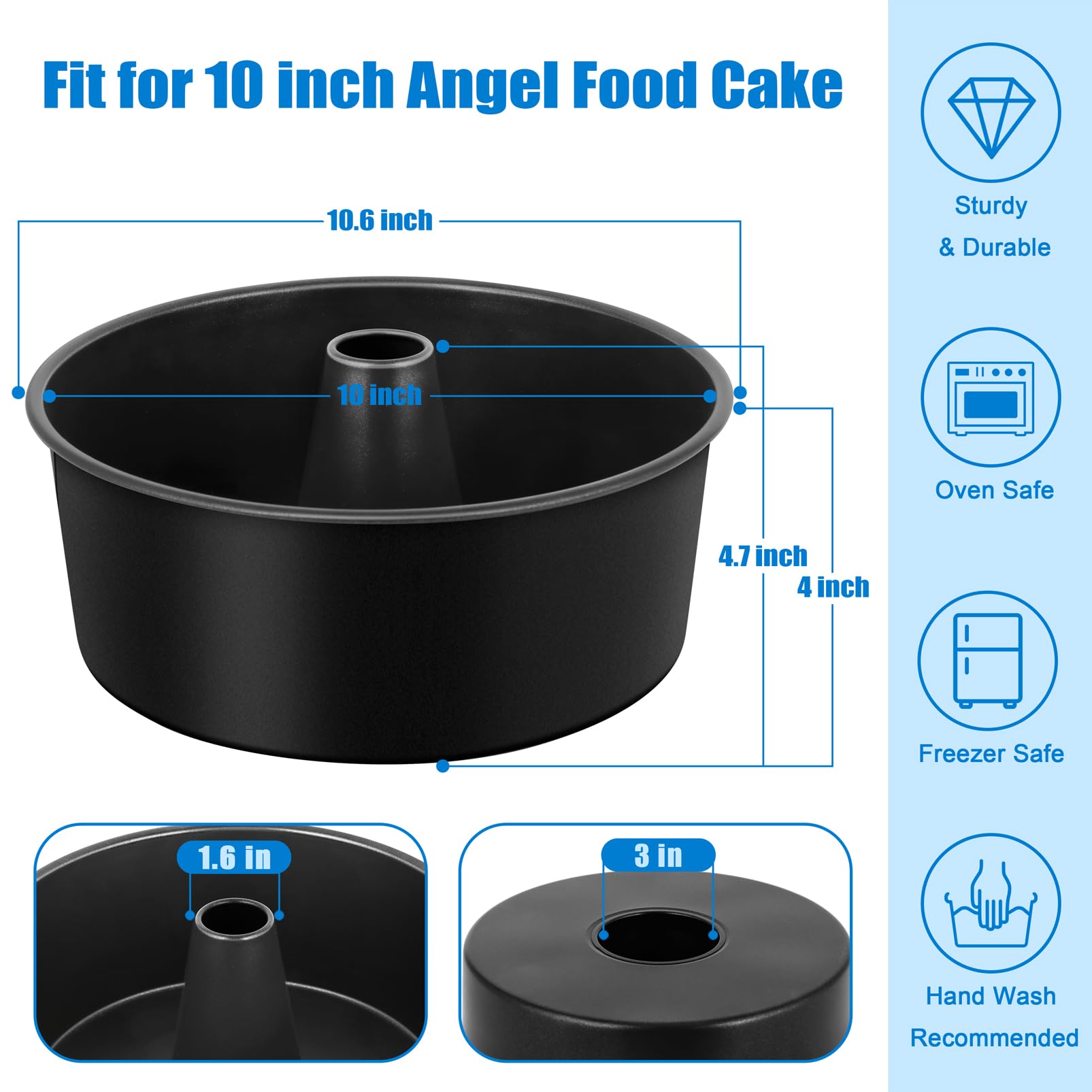TeamFar 10 Inch Angel Food Cake Pan, Non-Stick Coating Stainless Steel Core Pound Cake Pan with Tube, for Home/Kitchen, Healthy & Heatproof, One-piece & Hollow Design, Release& Clean Easily