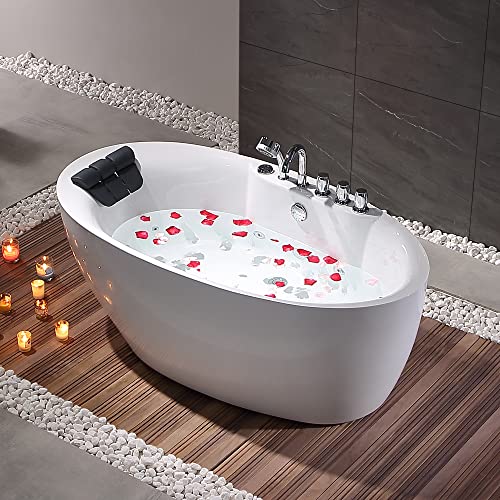 Empava 59 in. Acrylic Freestanding Tub Hydromassage Gracefully Oval Shaped Whirlpool 7 Water Jets Soaking SPA, Double-Ended Massage Bathtub with Black Pillow , White