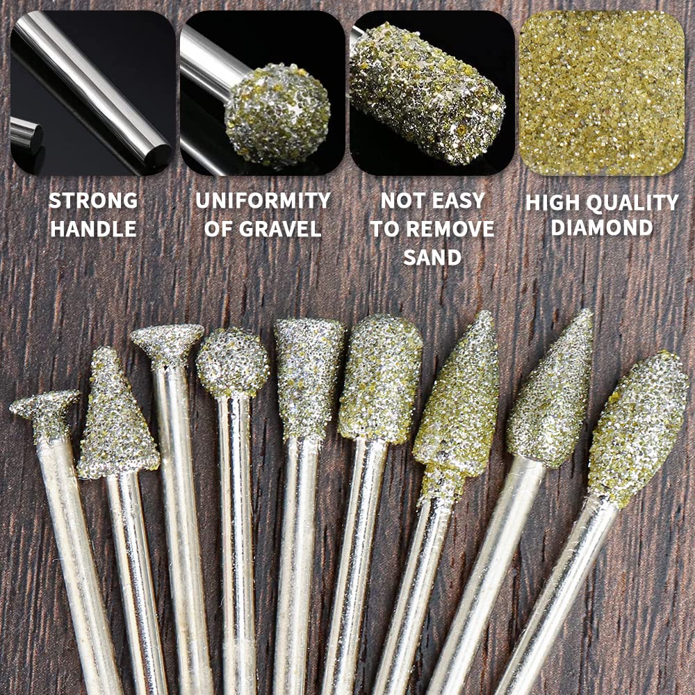 30Pcs Diamond Grinding Burr Drill Bit Stone Carving Rotary Tool Accessories Polishing Mix Set with 1/8 inch Shank, Diamond Coated Burr Bits Universal for Stone Glass Ceramics Engraving DIY Grinding