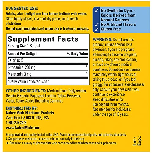 Nature Made Melatonin + L-Theanine 200mg, Softgels 60 Caplets (Pack of 2)