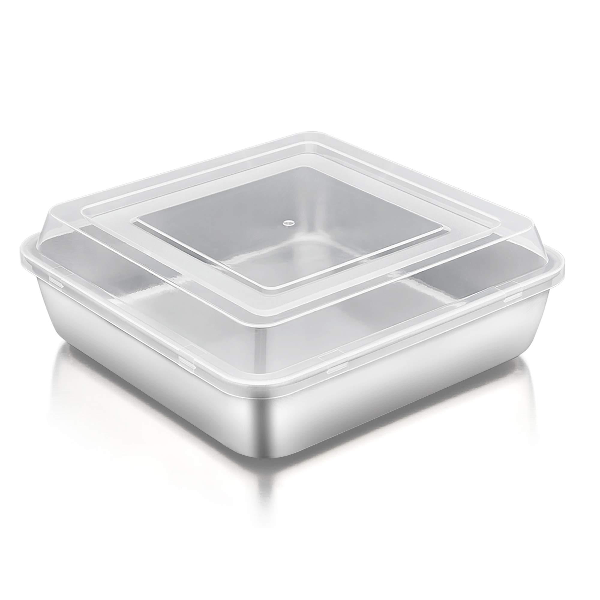 TeamFar Square Cake Pan with Lid (1 Pan & 1 Lid), 8 Inch Square Baking Pan Stainless Steel Cake Brownie Tin For Meal Prep Storage Transporting Food, Healthy & Sturdy, Dishwasher Safe