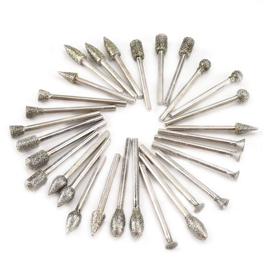 30Pcs Diamond Grinding Burr Drill Bit Stone Carving Rotary Tool Accessories Polishing Mix Set with 1/8 inch Shank, Diamond Coated Burr Bits Universal for Stone Glass Ceramics Engraving DIY Grinding