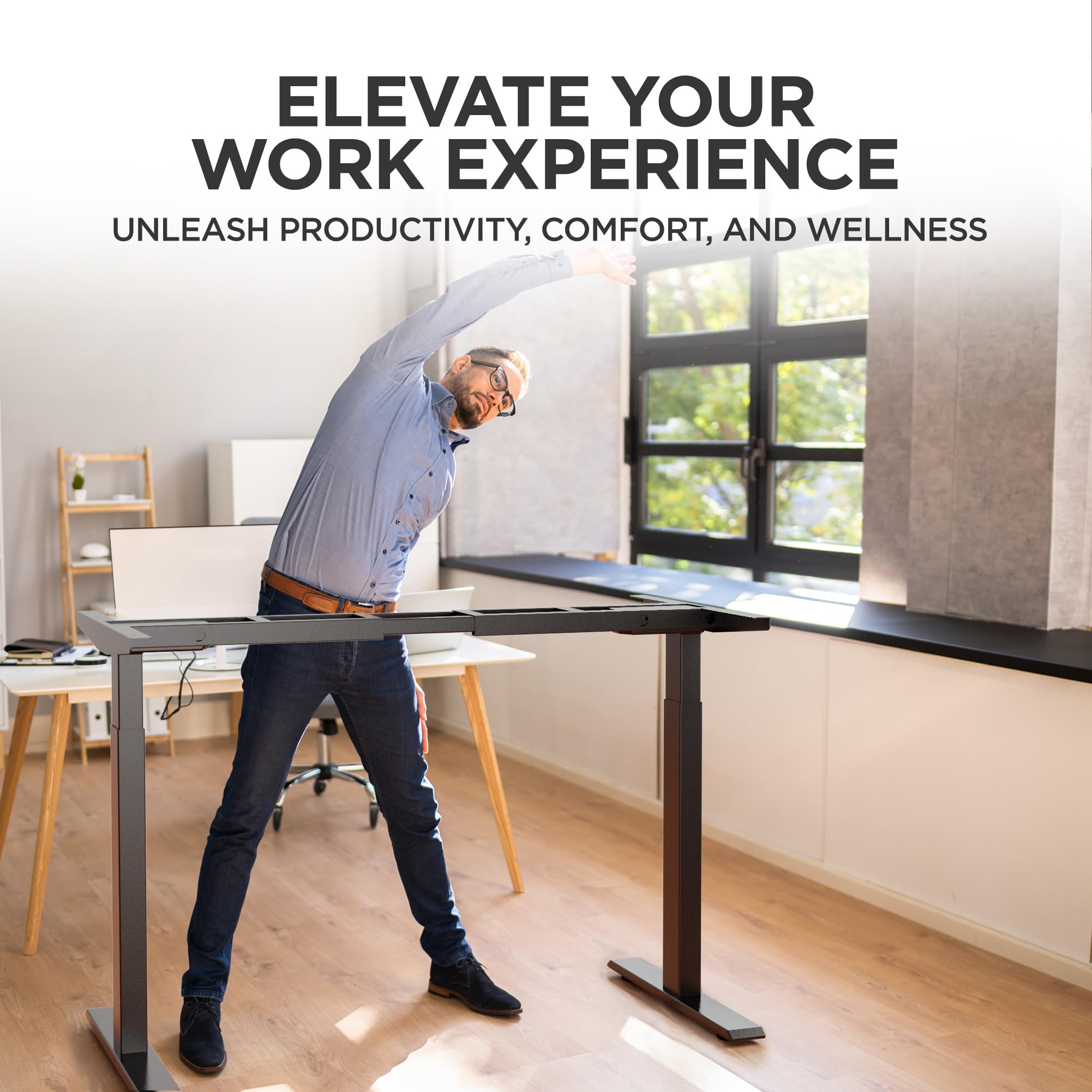 Rise UP Dual Motor Electric Adjustable Height Width Standing Desk Frame with Memory Premium Quality sit Stand up Ergonomic Home Commercial Office Desk Base Legs Base Table no Desktop Computer Black