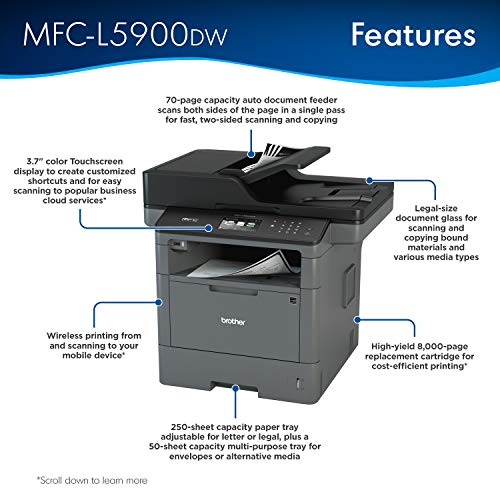 Brother MFCL5900DW Business Laser All-in-One with Advanced Duplex and Wireless Networking, Amazon Dash Replenishment Enabled and Brother Printer TN850 High Yield Toner Bundle