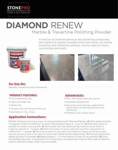 Diamond Renew Polishing Powder - Diamond Abrasive for Marble, Travertine & Limestone - Professional Grade - Restores & Enhances Shine - Easy to Use (1 lb)