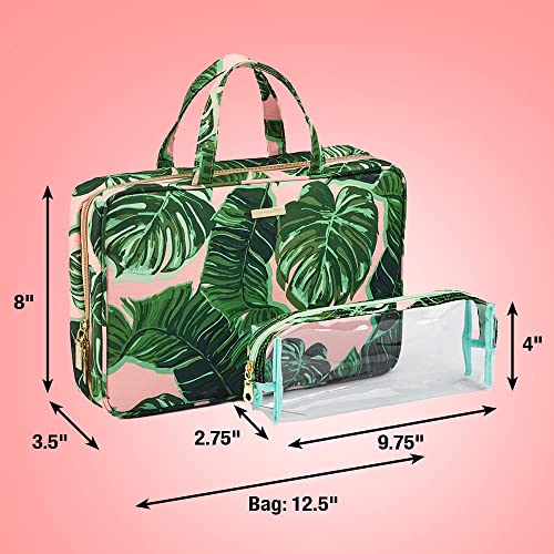 Conair Travel Makeup Bag, Large Toiletry and Cosmetic Bag with Internal Organizer, Perfect for Weekend Getaways or Long Vacations, Weekender Shape in Pink Palm Print
