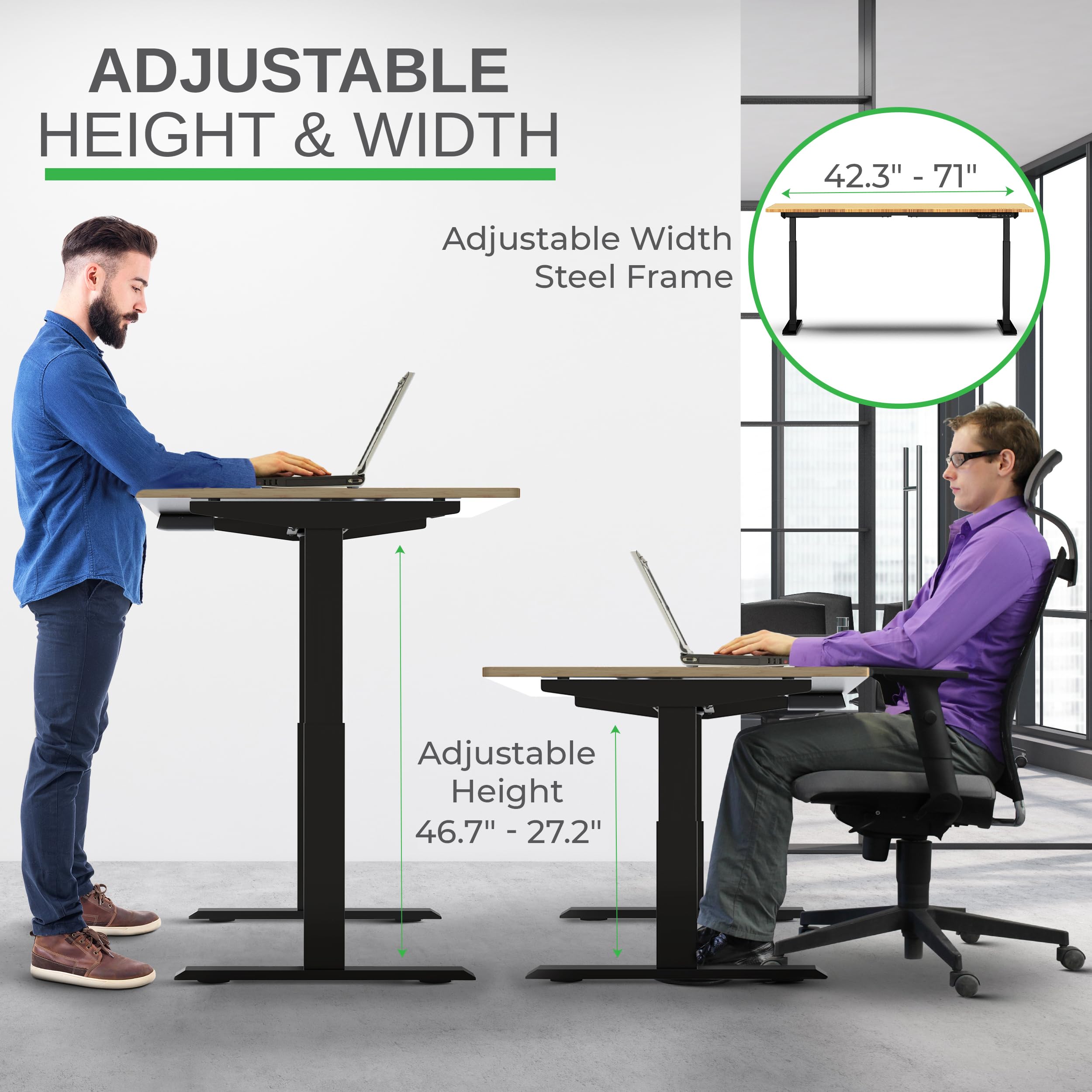 Rise UP Dual Motor Electric Adjustable Height Width Standing Desk Frame with Memory Premium Quality sit Stand up Ergonomic Home Commercial Office Desk Base Legs Base Table no Desktop Computer Black