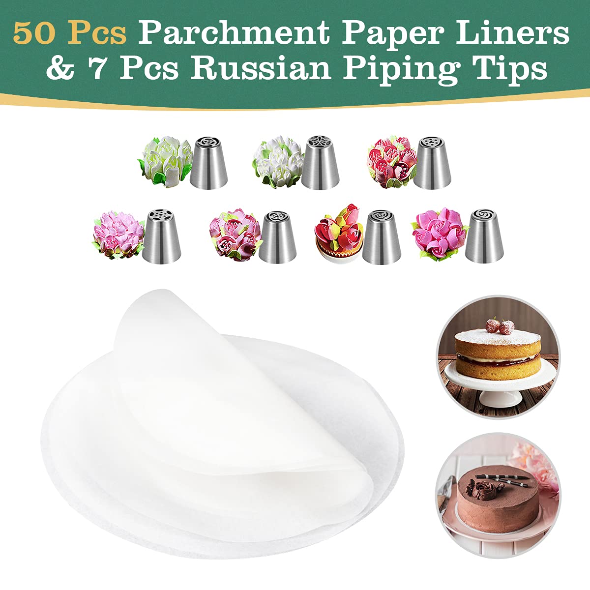 E-Gtong Springform Pan, Stainless Steel Springform Cake Pan, Leakproof & Nonstick Cheesecake Pan, 4" 7" 9" Round cake Pan with 50 Pcs Paper Liners and 7 Pcs Piping Tips
