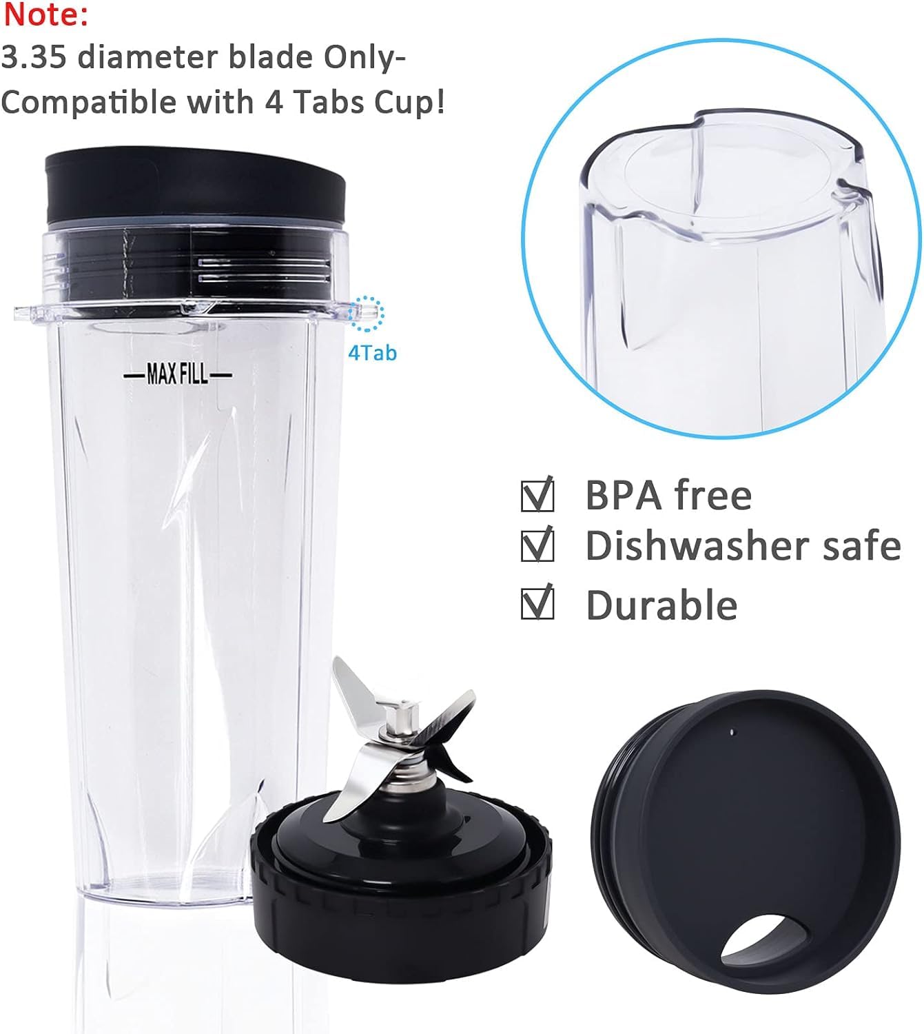 Replacement Parts Compatible with Nutri Ninja, Blender Blade 6 Fins and 2 Pcs 16oz Single Serve Blender Cup Set Compatible with Ninja BL660 BL740 BL770 BL780 BL771 BL772 BL773CO