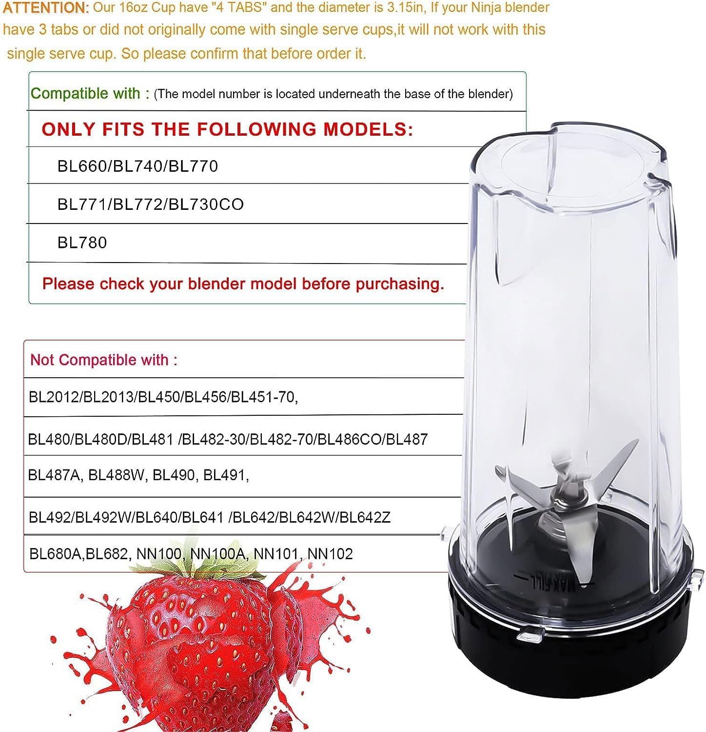 Replacement Parts Compatible with Nutri Ninja, Blender Blade 6 Fins and 2 Pcs 16oz Single Serve Blender Cup Set Compatible with Ninja BL660 BL740 BL770 BL780 BL771 BL772 BL773CO