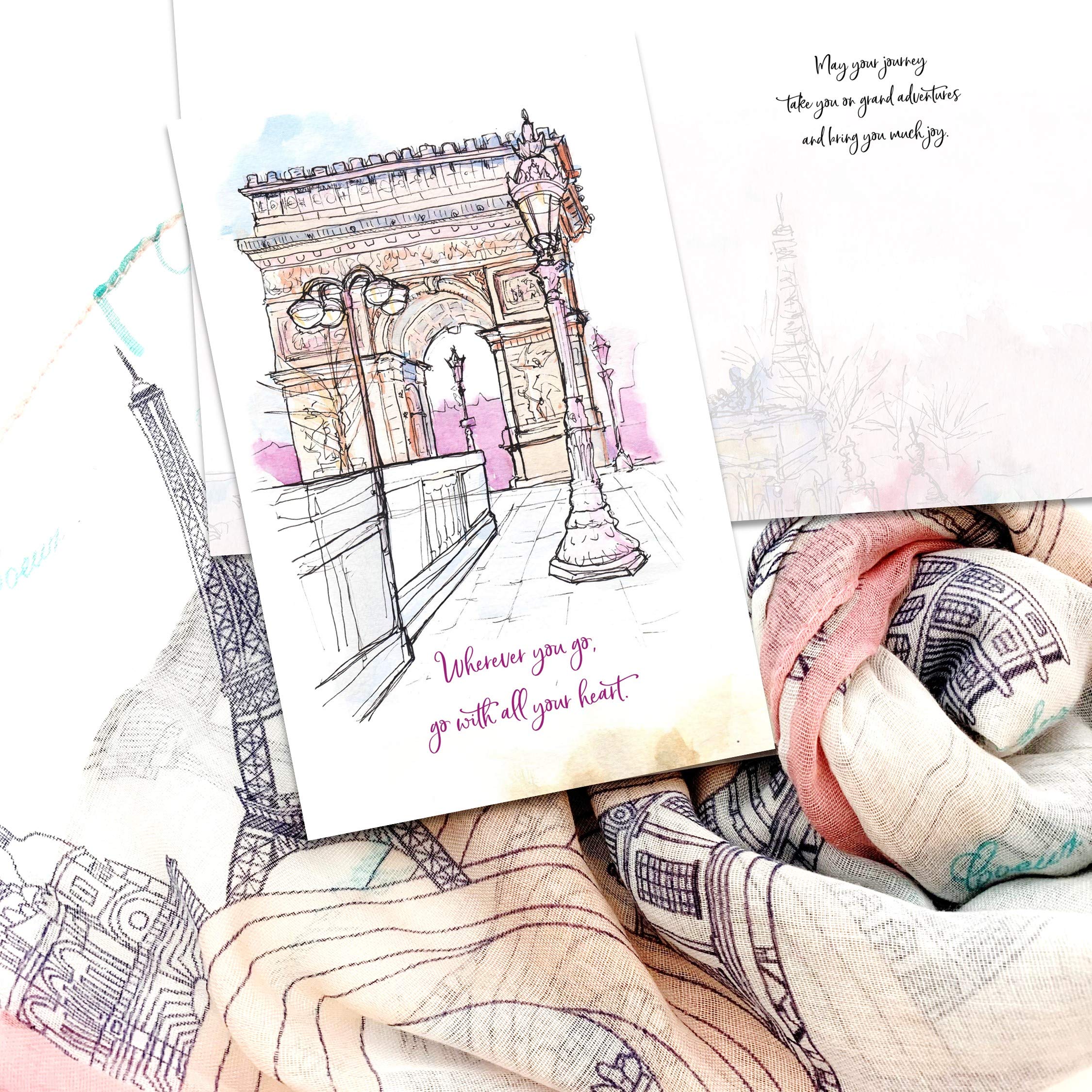 Smiling Wisdom - Wherever You Go, Go With All Your Heart Greeting Card & Paris Scarf Gift Set - Beginnings Goodbye Retirement Journey - Women Grey Peach White (Paris)