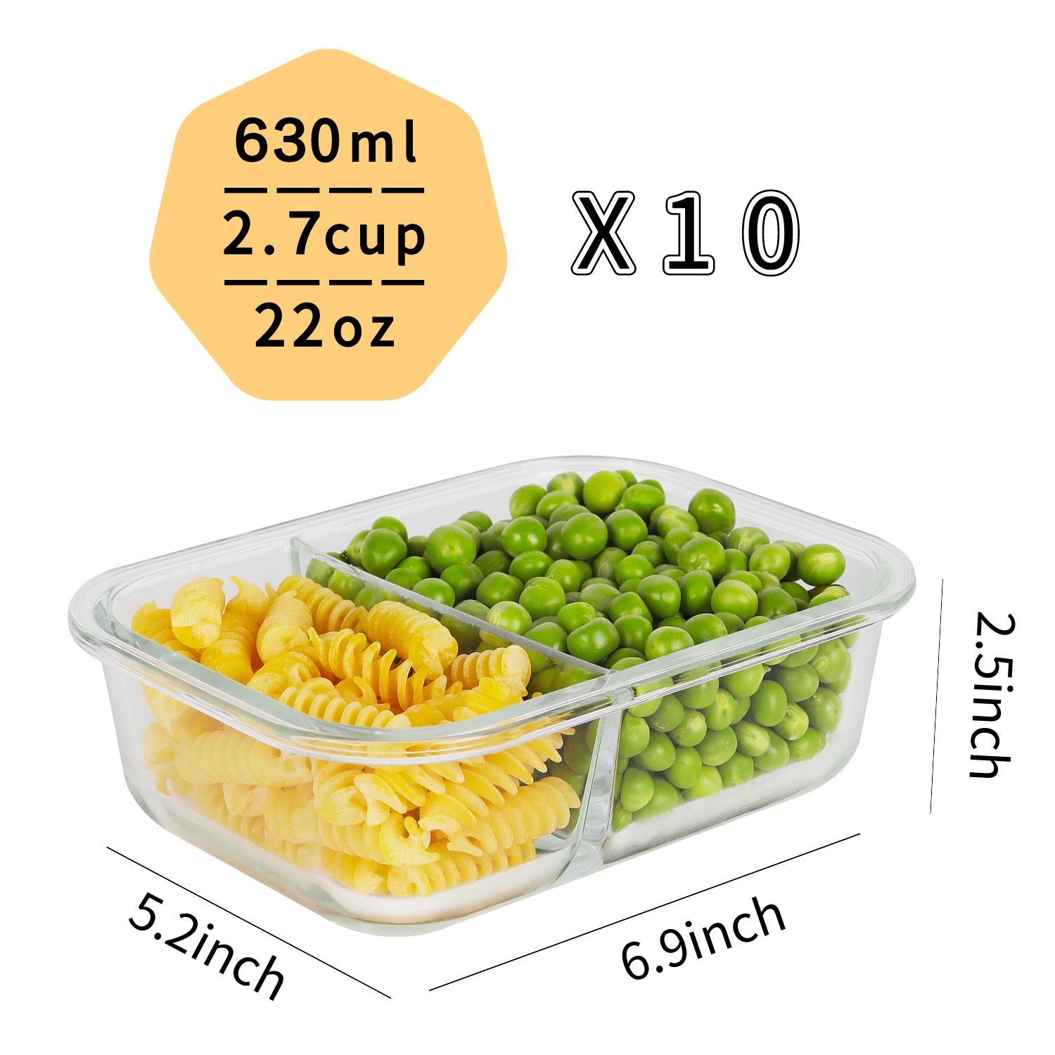 Bayco 10 Pack Glass Meal Prep Containers 2 Compartment, Glass Food Storage Containers with Lids, Airtight Glass Lunch Bento Boxes, BPA-Free & Leak Proof (10 lids & 10 Containers) - Grey