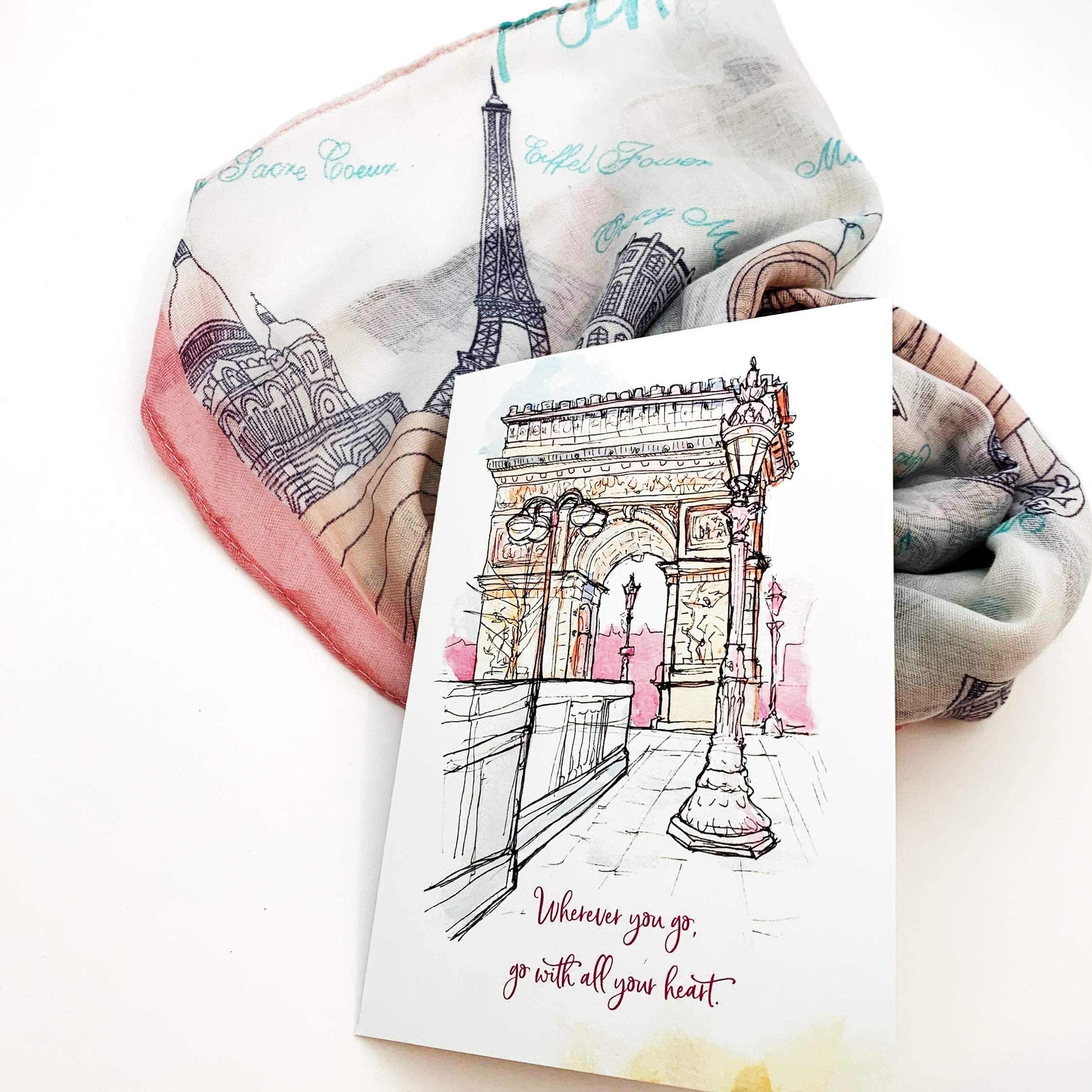 Smiling Wisdom - Wherever You Go, Go With All Your Heart Greeting Card & Paris Scarf Gift Set - Beginnings Goodbye Retirement Journey - Women Grey Peach White (Paris)