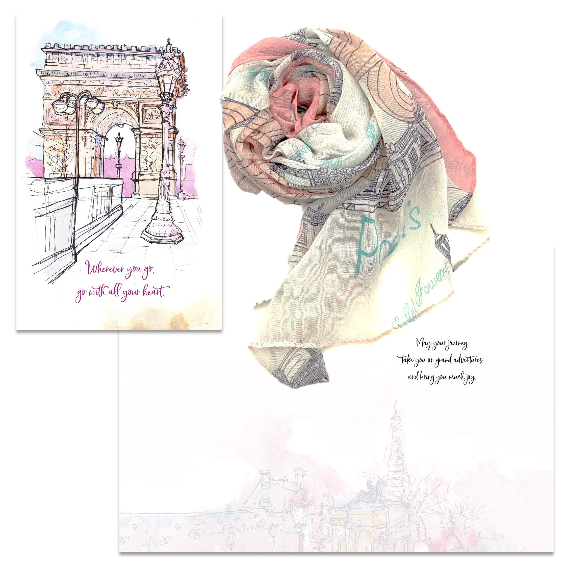 Smiling Wisdom - Wherever You Go, Go With All Your Heart Greeting Card & Paris Scarf Gift Set - Beginnings Goodbye Retirement Journey - Women Grey Peach White (Paris)
