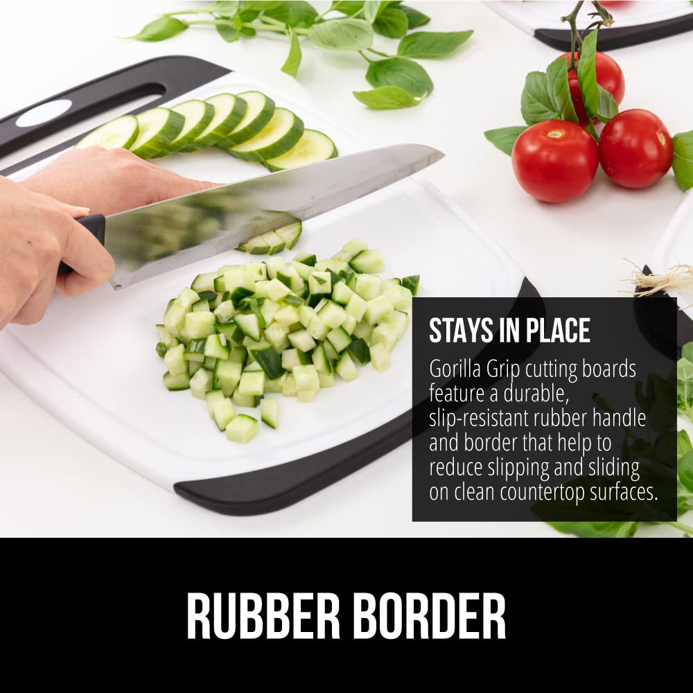 Gorilla Grip Durable Kitchen Cutting Board Set of 3, BPA Free, Reversible Use, Easy Grip Rubber Handles, Deep Juice Grooves, Large Food Chopping Boards, Dishwasher Safe, Chop Meat, Veggies, Black