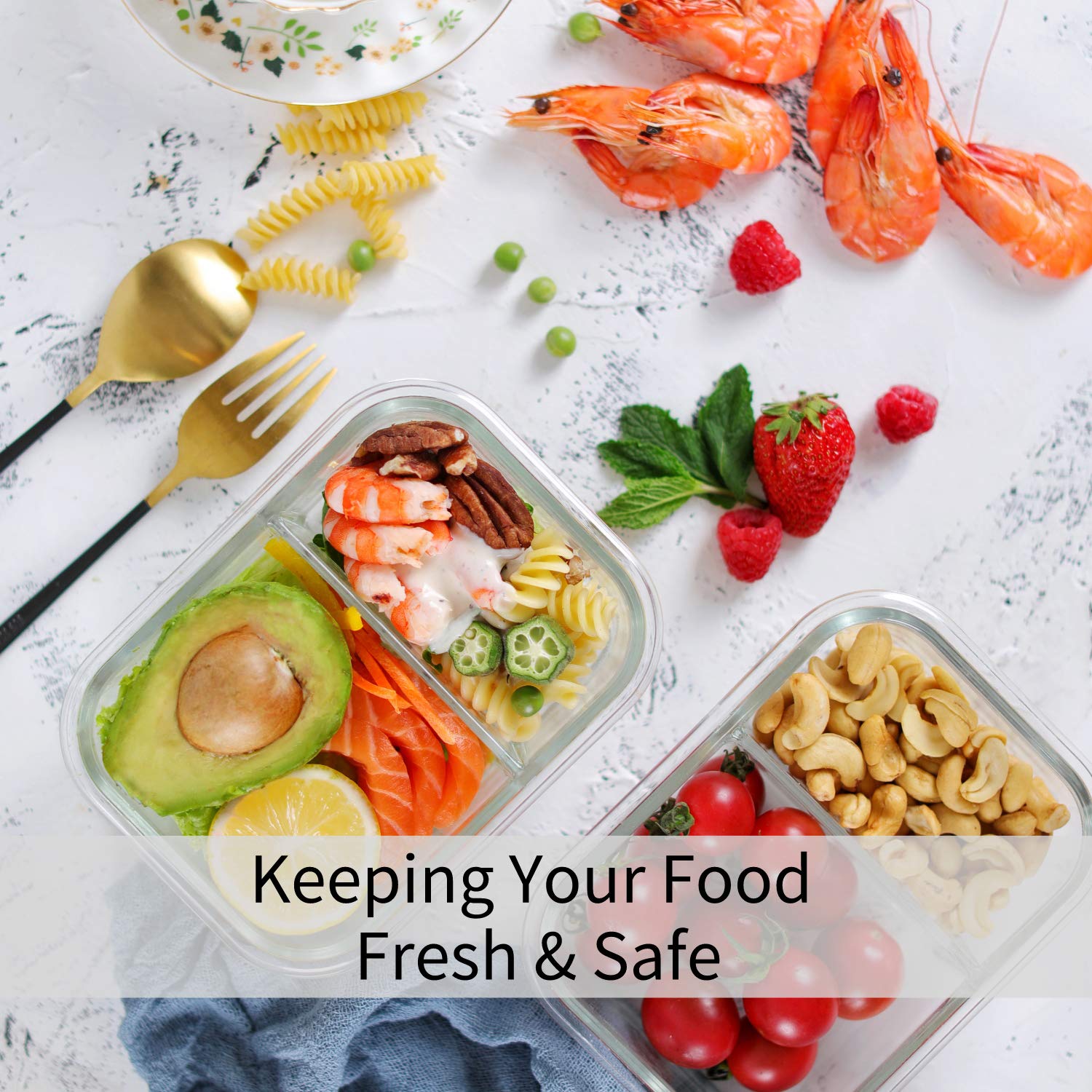 Bayco 10 Pack Glass Meal Prep Containers 2 Compartment, Glass Food Storage Containers with Lids, Airtight Glass Lunch Bento Boxes, BPA-Free & Leak Proof (10 lids & 10 Containers) - Grey