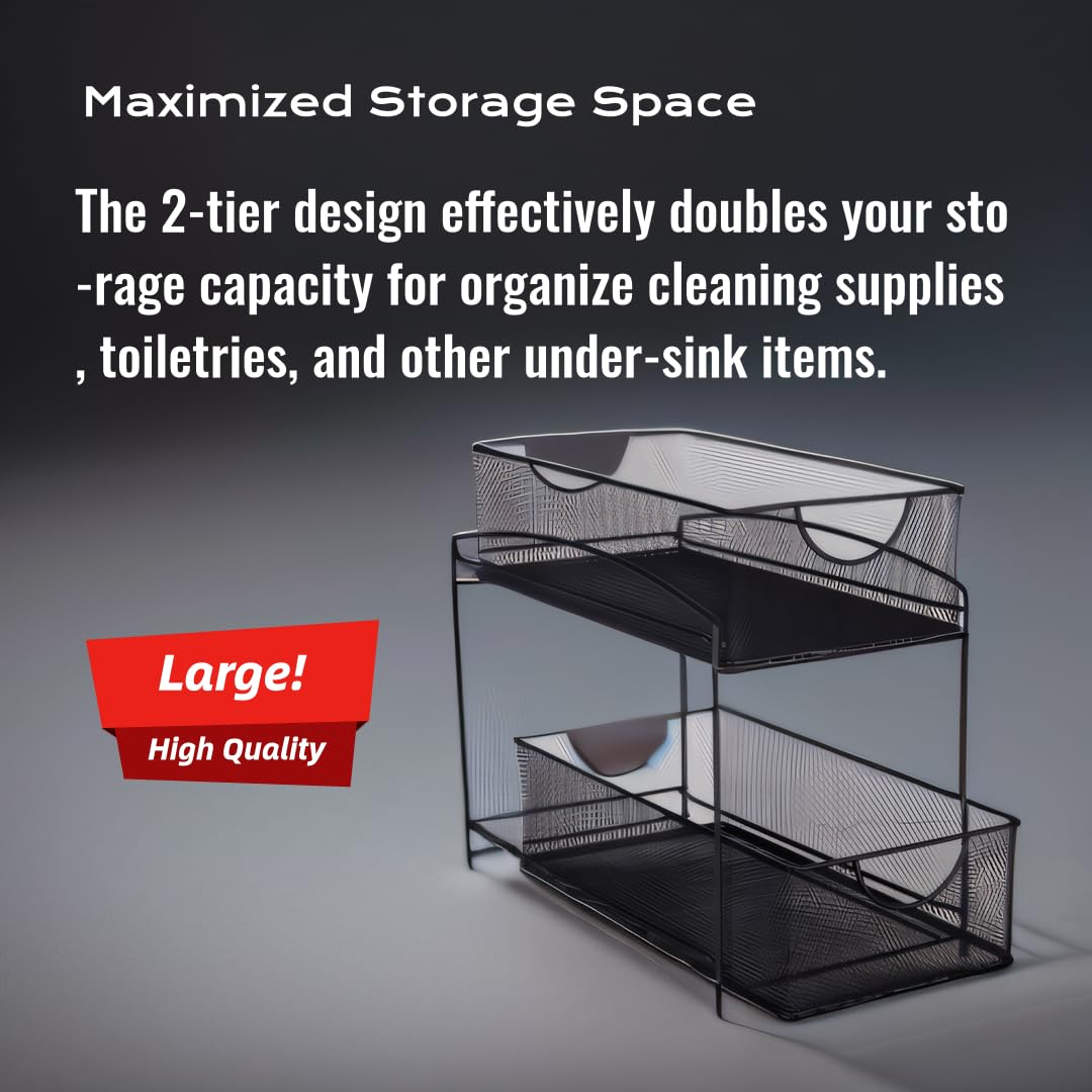 IBERG 2 Tier Under Sink Organizers and Storage - Sliding Bathroom Organizer - Kitchen Cabinet Organizer (Black)