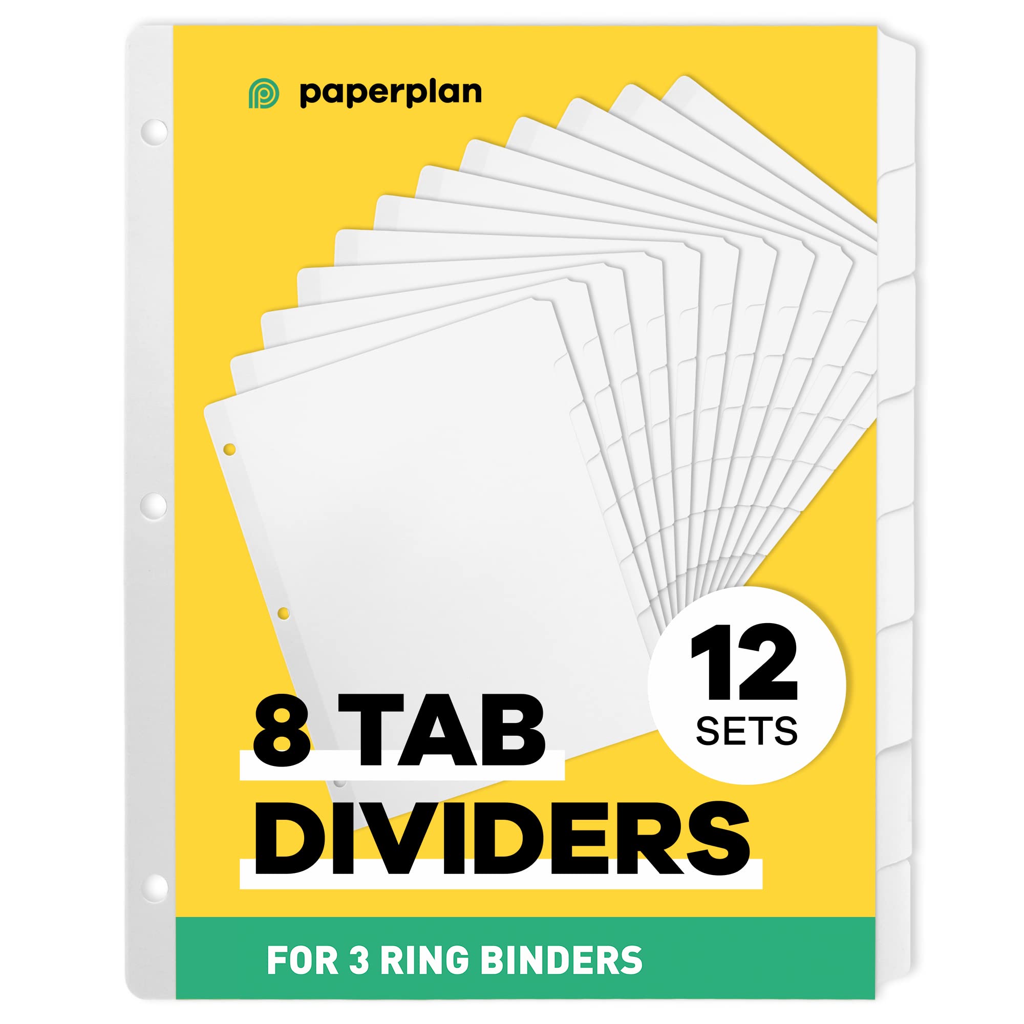3 Ring Binder Dividers with Tabs - (12 Sets) x 8 Tab Dividers for 3 Ring Binders - White - Tabs for Binders - Binder Tabs - Page Dividers for 3 Ring Binder with Tabs - Tab Dividers // Paper Plan