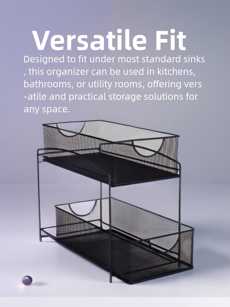 IBERG 2 Tier Under Sink Organizers and Storage - Sliding Bathroom Organizer - Kitchen Cabinet Organizer (Black)