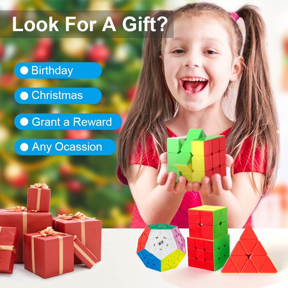 Roxenda Speed Cube Set, [5 Pack] Magic Cube Bundle of 2x2 3x3 Skew Megaminx Cube and Pyramid Cube Smoothly Stickerless Speed Cubes Collection for Kids Teens & Adults