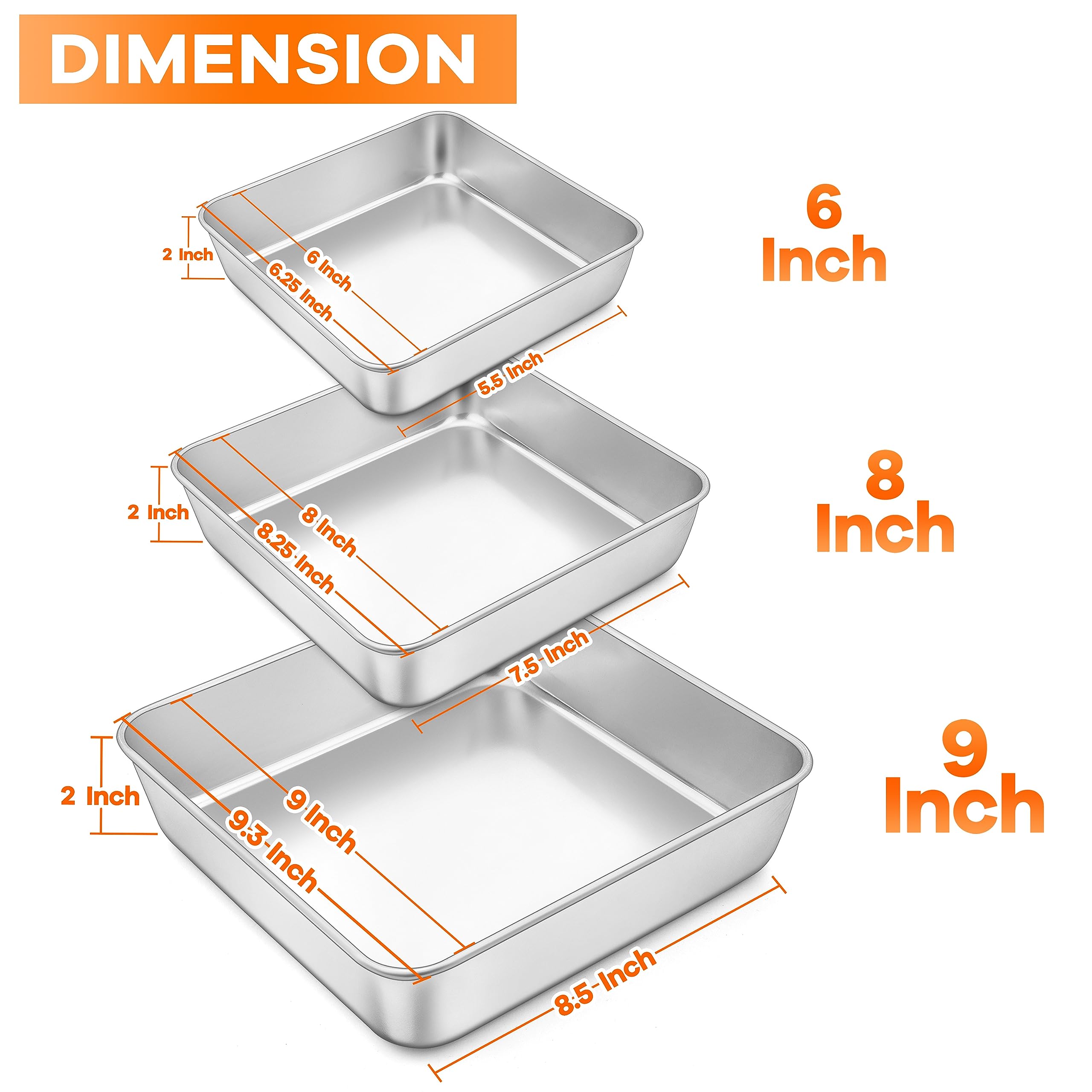 TeamFar Square Cake Pan, 6/8 / 9 Inch Stainless Steel Square Baking Pan for Cake Brownie Lasagna, Non-Toxic & Heavy Duty, One Piece Design & Deep Wall, Smooth & Dishwasher Safe β Set of 3