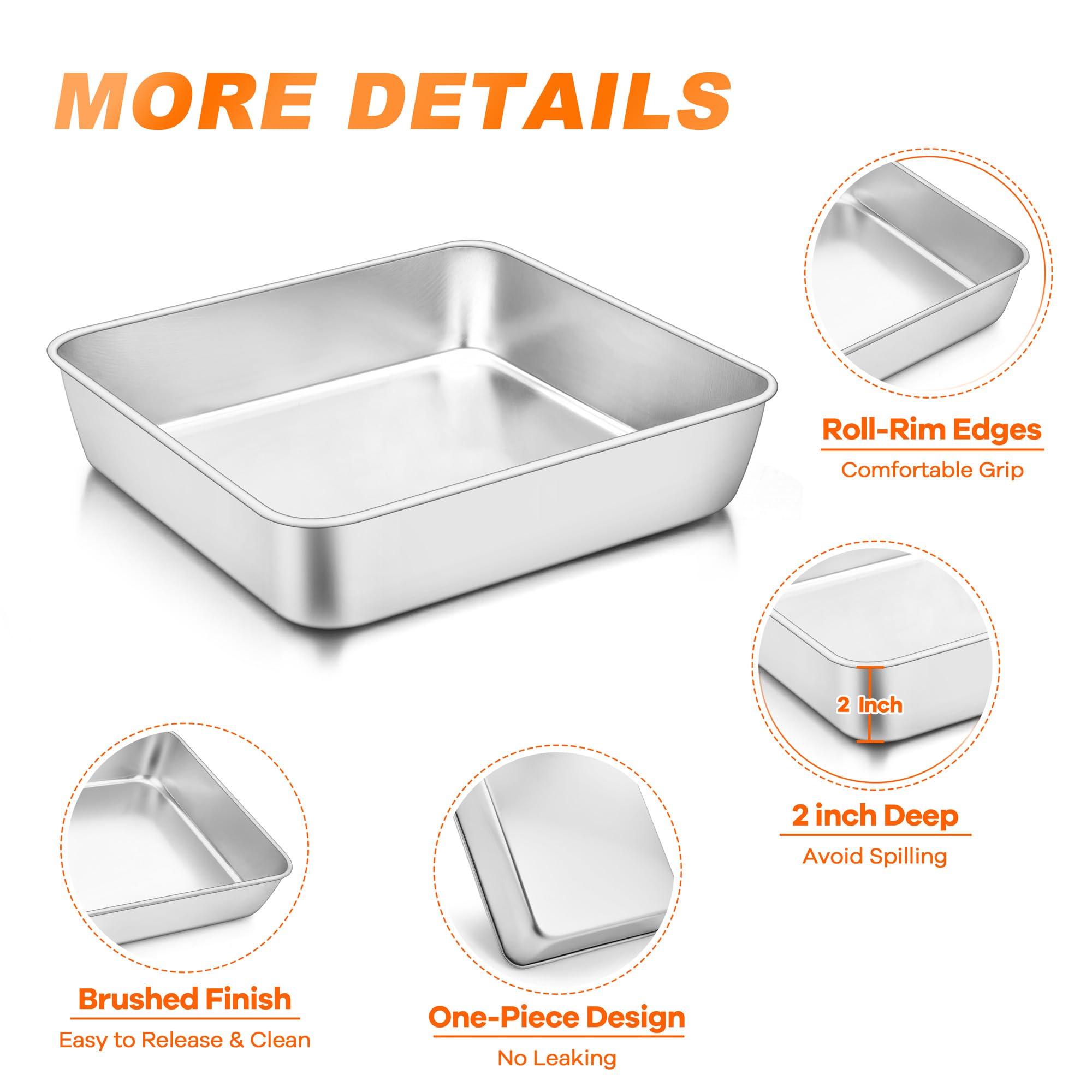 TeamFar Square Cake Pan, 6/8 / 9 Inch Stainless Steel Square Baking Pan for Cake Brownie Lasagna, Non-Toxic & Heavy Duty, One Piece Design & Deep Wall, Smooth & Dishwasher Safe β Set of 3