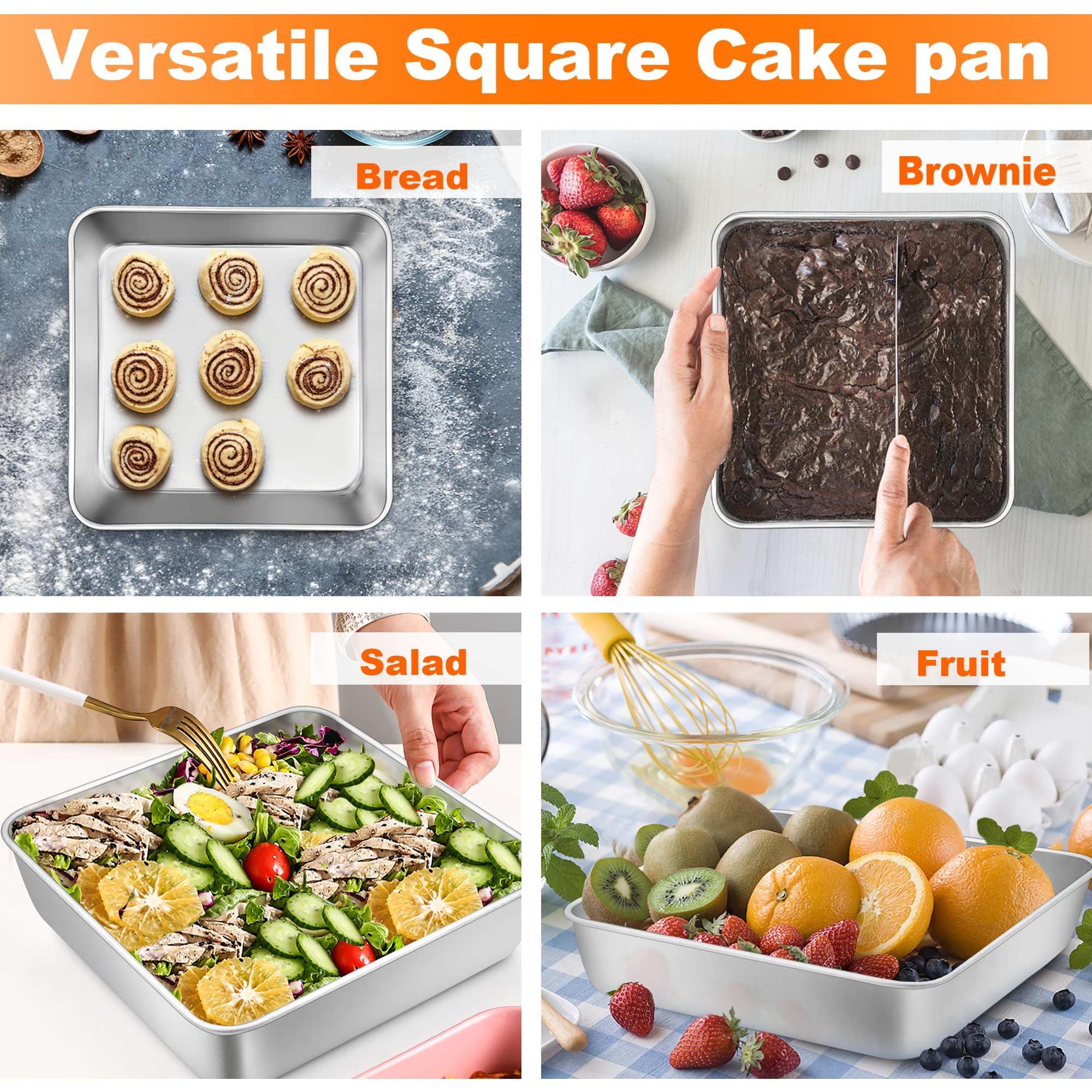 TeamFar Square Cake Pan, 6/8 / 9 Inch Stainless Steel Square Baking Pan for Cake Brownie Lasagna, Non-Toxic & Heavy Duty, One Piece Design & Deep Wall, Smooth & Dishwasher Safe β Set of 3