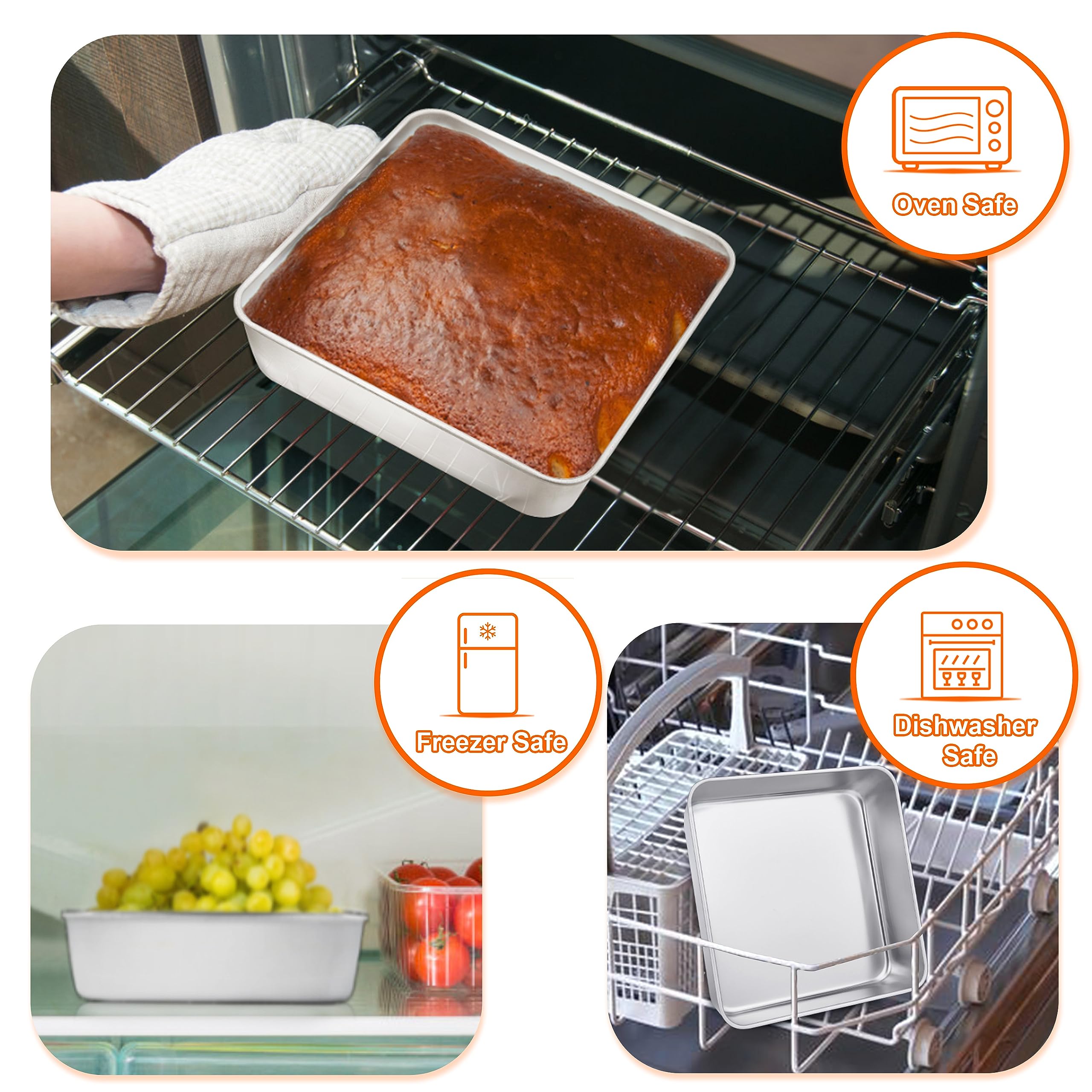 TeamFar Square Cake Pan, 6/8 / 9 Inch Stainless Steel Square Baking Pan for Cake Brownie Lasagna, Non-Toxic & Heavy Duty, One Piece Design & Deep Wall, Smooth & Dishwasher Safe β Set of 3