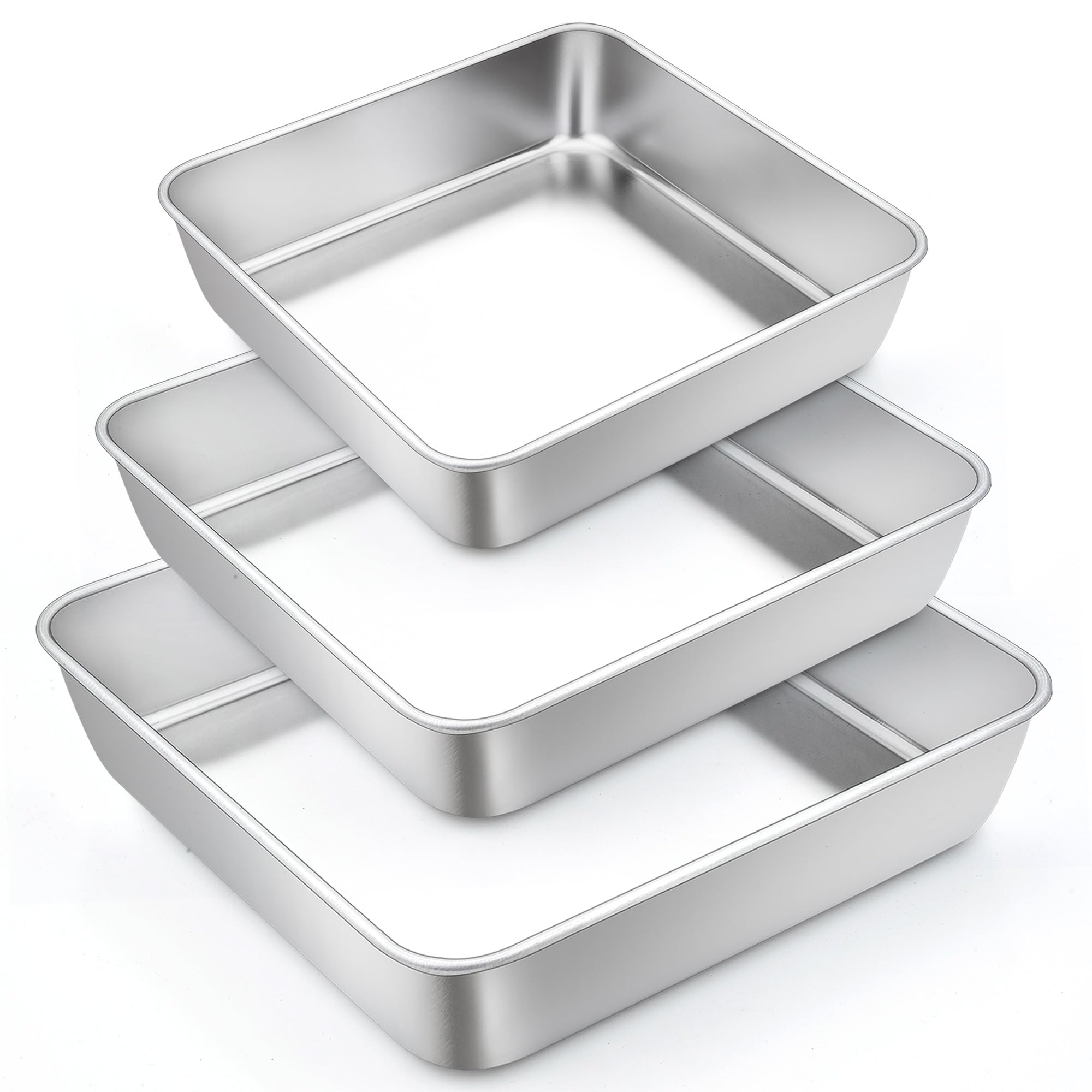 TeamFar Square Cake Pan, 6/8 / 9 Inch Stainless Steel Square Baking Pan for Cake Brownie Lasagna, Non-Toxic & Heavy Duty, One Piece Design & Deep Wall, Smooth & Dishwasher Safe – Set of 3