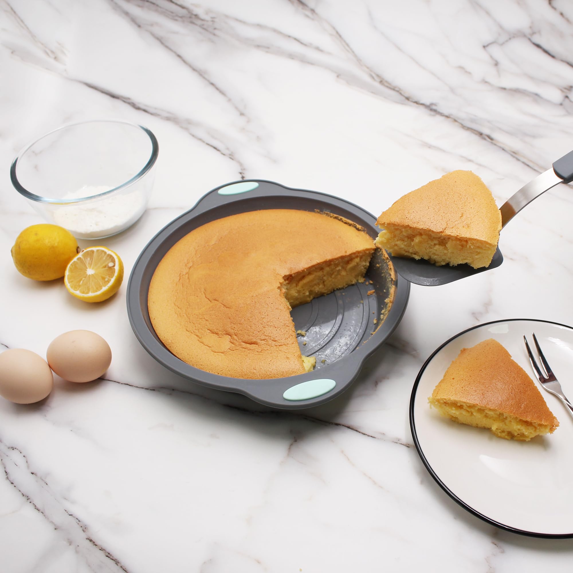 To encounter 9 Inch Silicone Round Cake Pans, 2 Pack Nonstick Silicone Baking Pans Set, Food Grade Silicone Cake Molds, with Metal Reinforced Frame More Strength