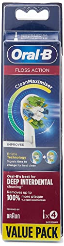 Oral-B Floss Action Electric Toothbrush Head with CleanMaximiser Technology, Angled Bristles for Deeper Plaque Removal, Pack of 4, Green, White, Yellow
