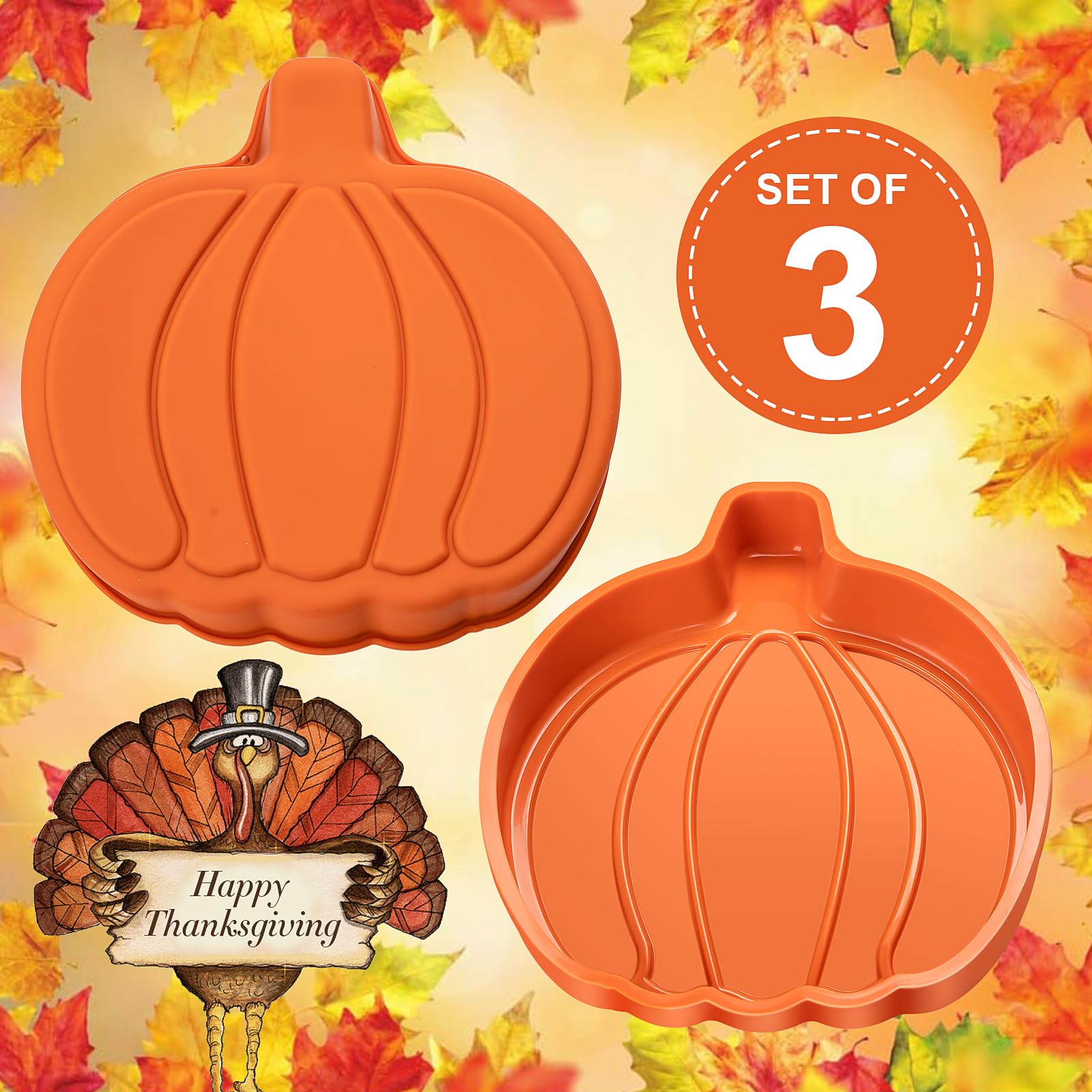 Dootafy Pumpkin Cake Pan 3 Pack Silicone Pumpkin Pancake Mold, 7 Inch Fall Cake Molds Pumpkin Layer Rainbow Baking Cake Pan for Halloween Thanksgiving