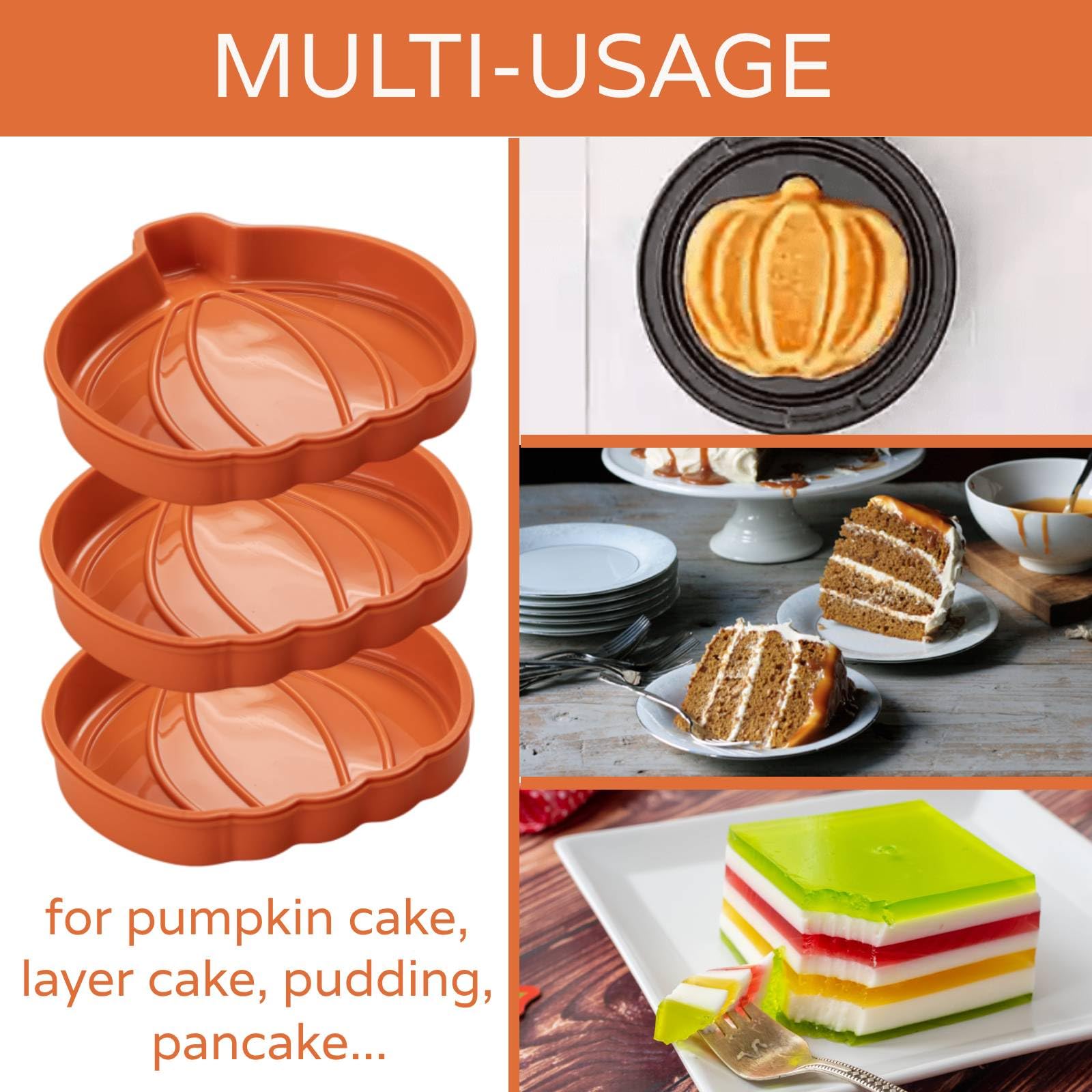 Dootafy Pumpkin Cake Pan 3 Pack Silicone Pumpkin Pancake Mold, 7 Inch Fall Cake Molds Pumpkin Layer Rainbow Baking Cake Pan for Halloween Thanksgiving