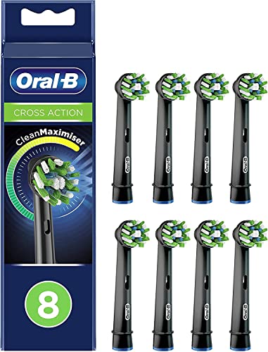 Oral-B Cross Action Electric Toothbrush Head with CleanMaximiser Technology, Angled Bristles for Deeper Plaque Removal, Pack of 8, Black Edition