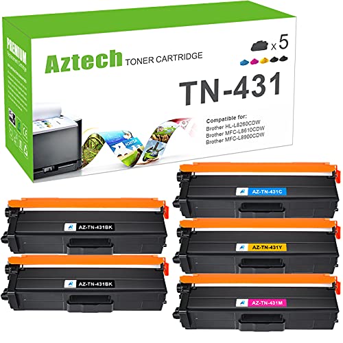 Aztech Compatible Toner Cartridge Replacement for Brother TN431 TN-431 TN433 TN-433 TN 431 433 HL-L8360Cdw MFC-L8900Cdw HL-L8260Cdw MFC-L8610Cdw HL-L8360Cdwt Printer (Black Cyan Magenta Yellow 5 Pack)