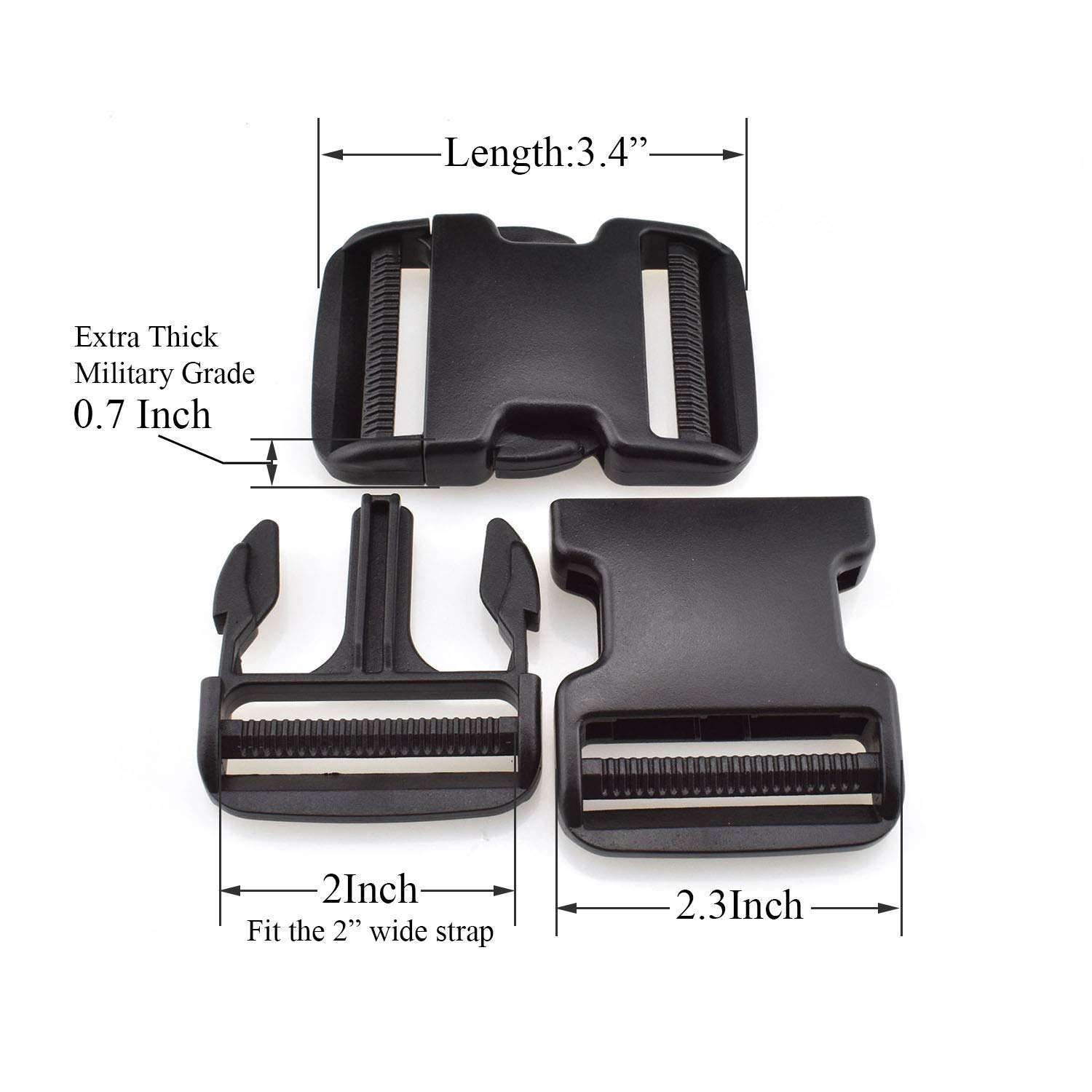 SGH Pro Extra Thick Military Grade Dual Adjustable Quick Side Release Buckles Clips Snaps 2" Wide 2 Pack No Sewing Heavy Duty Plastic Replacement for Nylon Strap Webbing Boat Cover Backpack Fanny Pack