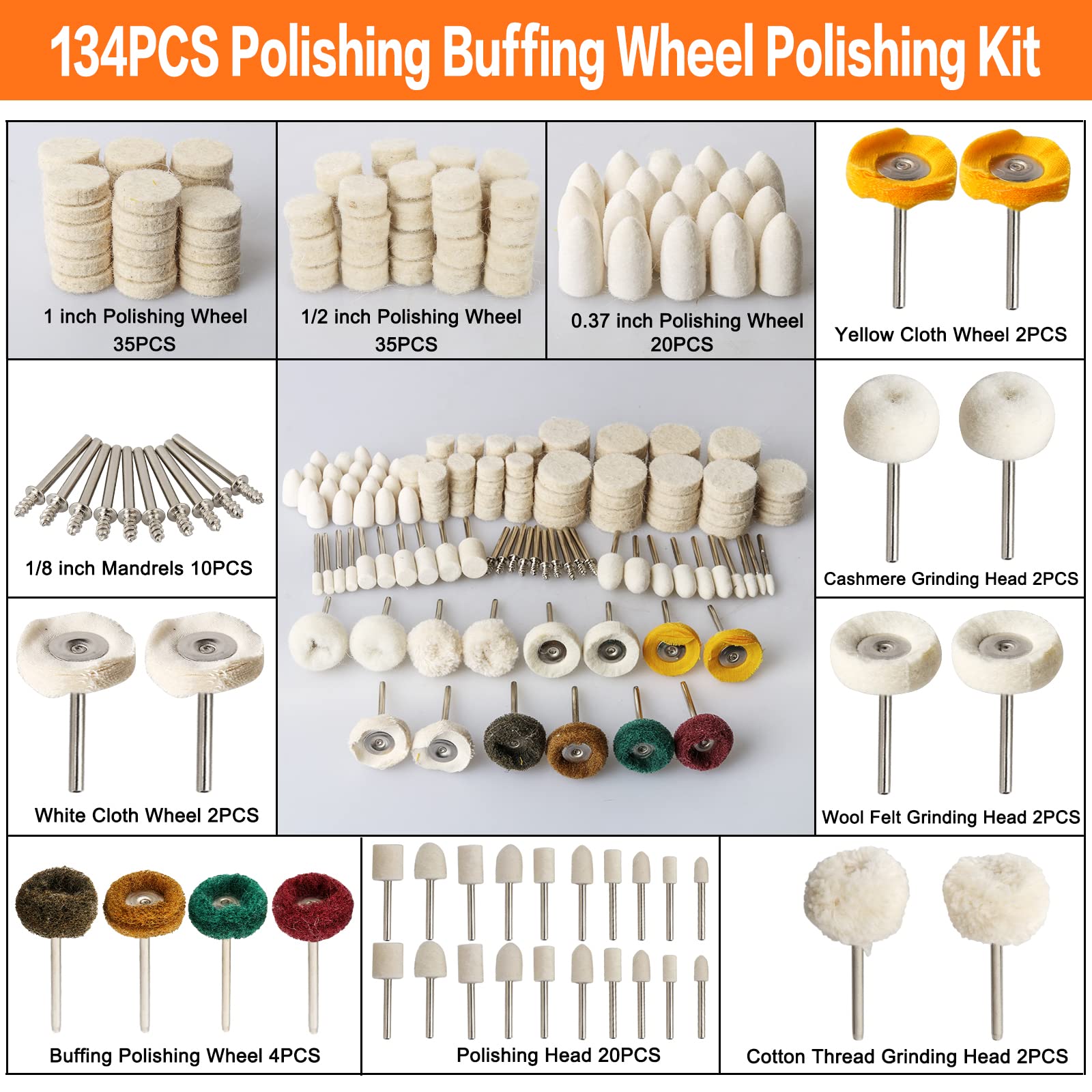 134PCS Polishing Buffing Wheel Polishing Kit Compatible with Dremel, Polishing Wheel Rotary Tool Accessories with 1/8" Shank, Abrasive Wheel Buffing Polishing Wire Brushes Wool Felt Cotton Mounted