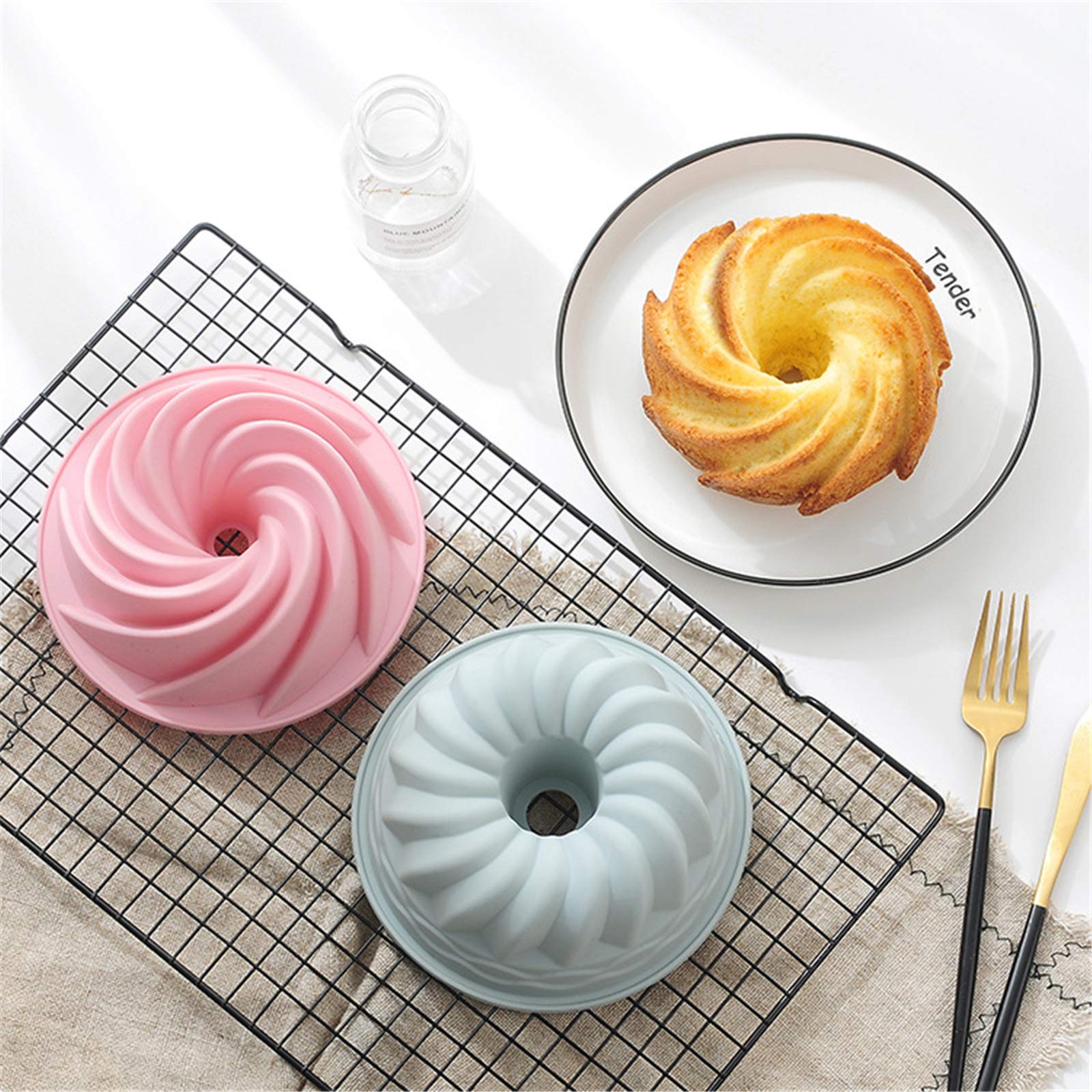 BesoAbrazo 6 Inch Bundt Cake Pan Nonstick Silicone Jello Fluted for Baking, Perfect Result Mini Mold Bundle, Set of 2, Blue
