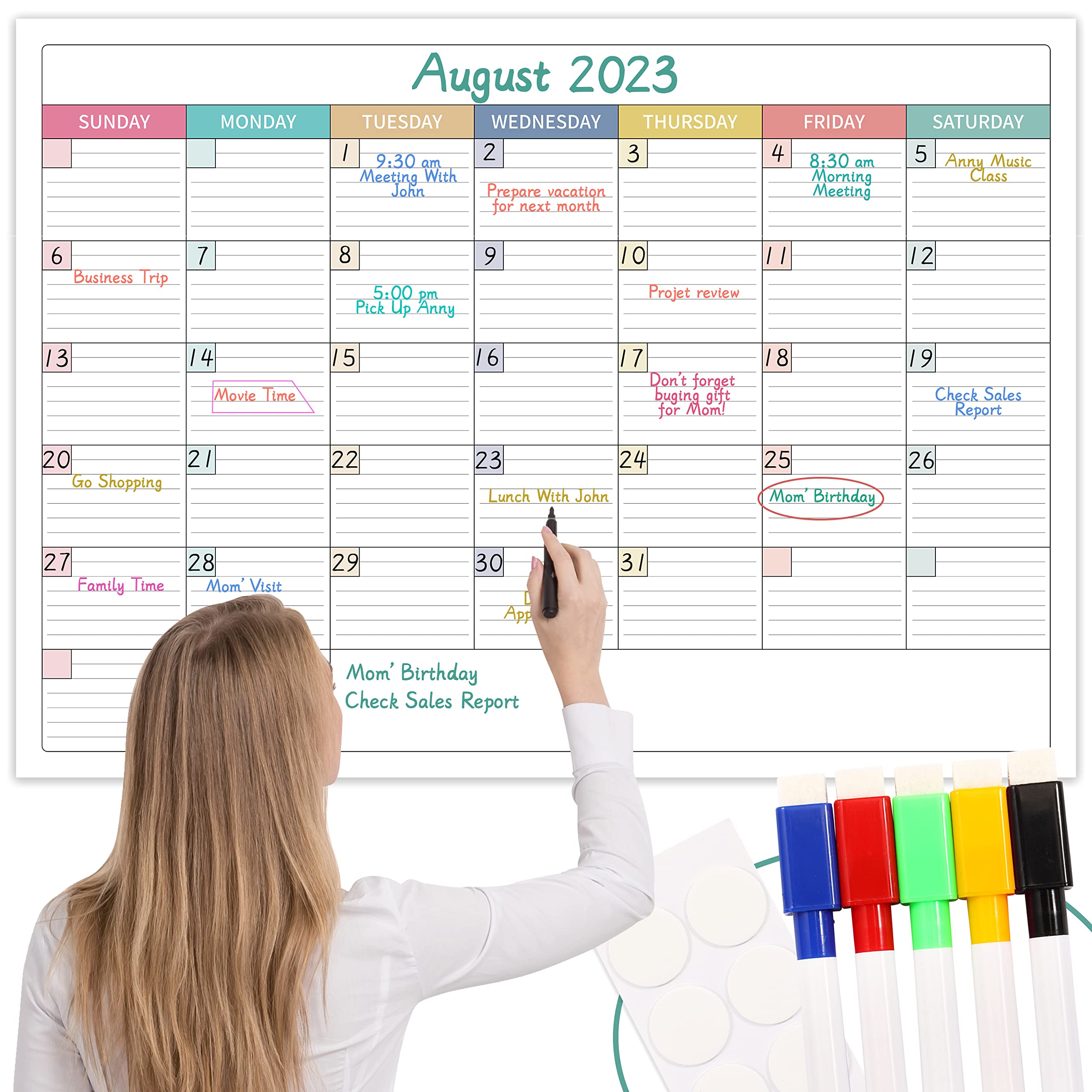 Dry Erase Calendar for Wall - Large Dry Erase Calendar, 28" x 40", Undated Monthly Calendar for Home, Office, Classroom, Erasable Laminated Calendar Whiteboard with 5 Markers ļ¼ 8 Stickers