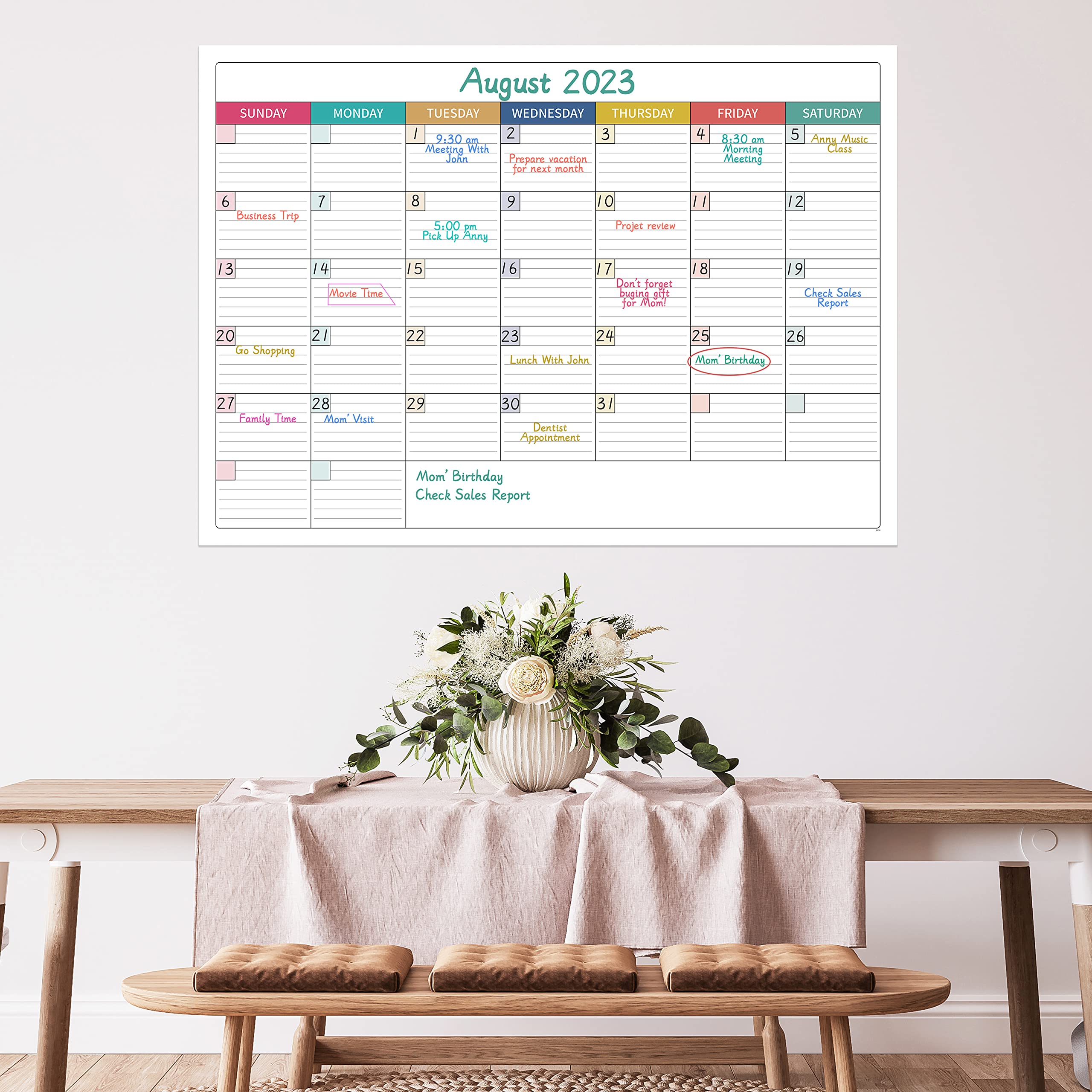 Dry Erase Calendar for Wall - Large Dry Erase Calendar, 28" x 40", Undated Monthly Calendar for Home, Office, Classroom, Erasable Laminated Calendar Whiteboard with 5 Markers & 8 Stickers