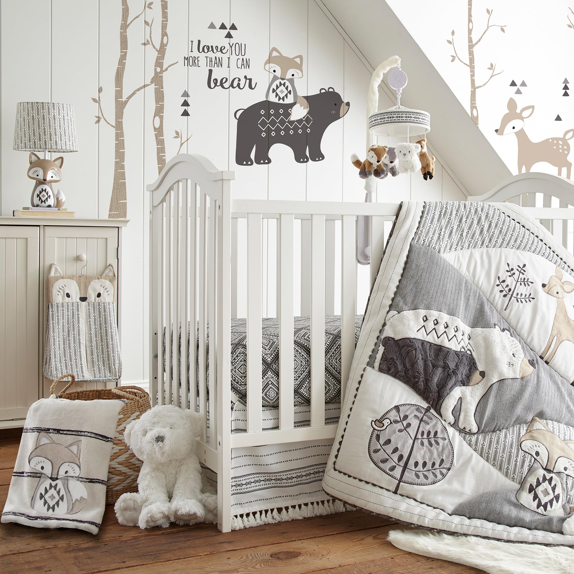 Levtex Baby - Bailey Plush Blanket - Appliqued and Embroidered Fox on Striped Plush - Charcoal, Taupe, White - Nursery Accessories - Blanket Size: 30 x 40 in.