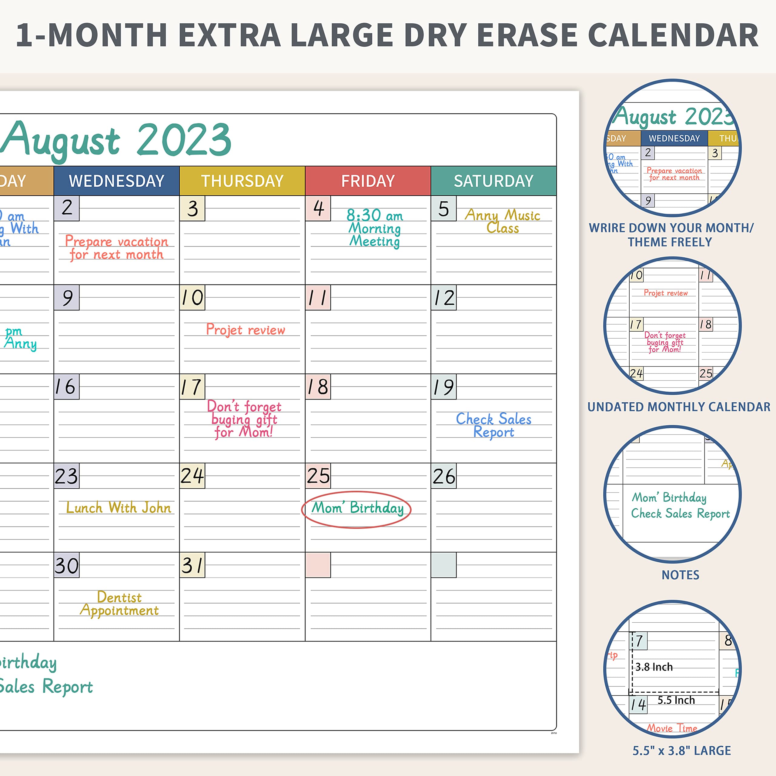 Dry Erase Calendar for Wall - Large Dry Erase Calendar, 28" x 40", Undated Monthly Calendar for Home, Office, Classroom, Erasable Laminated Calendar Whiteboard with 5 Markers & 8 Stickers