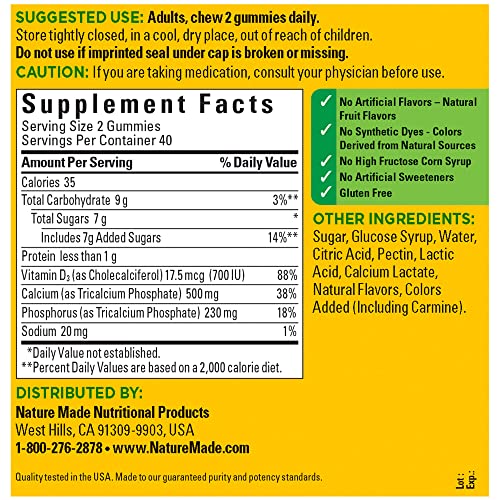 Nature Made Calcium Gummies 500 mg Per Serving with Vitamin D3, Dietary Supplement for Bone Support, 80 Gummies, 40 Day Supply
