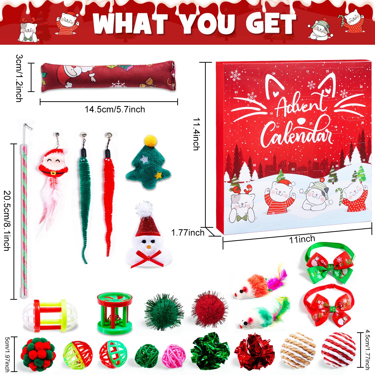 Cat Advent Calendar 2024, Christmas Countdown Calendar for Kitten with 24pcs Assorted Cat Christmas Toys Variety Pack Kitten Interactive Play Xmas Gifts
