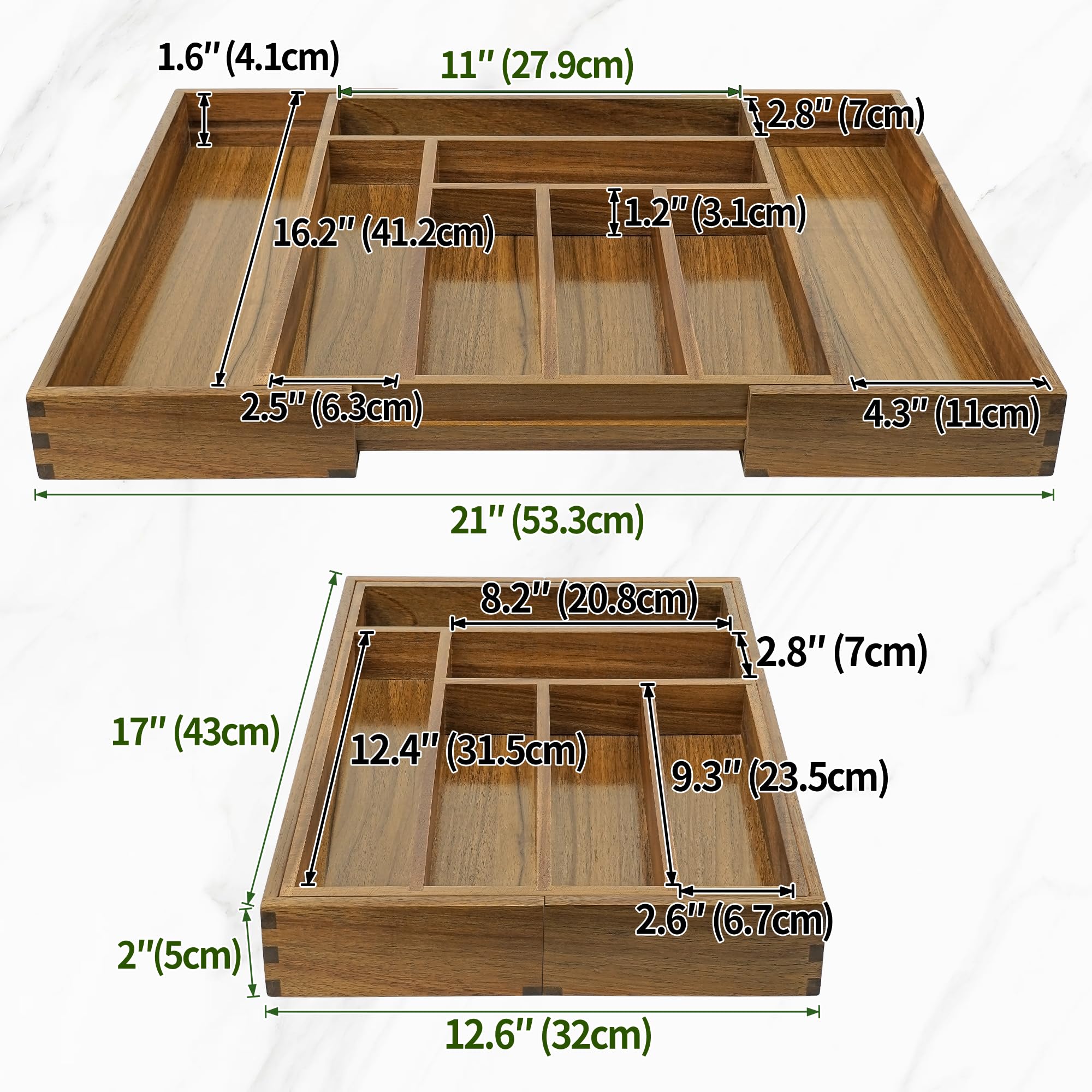 Luxury Acacia Kitchen Drawer Organizer - Silverware Organizer - Utensil Holder and Cutlery Tray with Grooved Drawer Dividers for Flatware and Kitchen Utensils (8 Slot), 17*12.4*2 inch