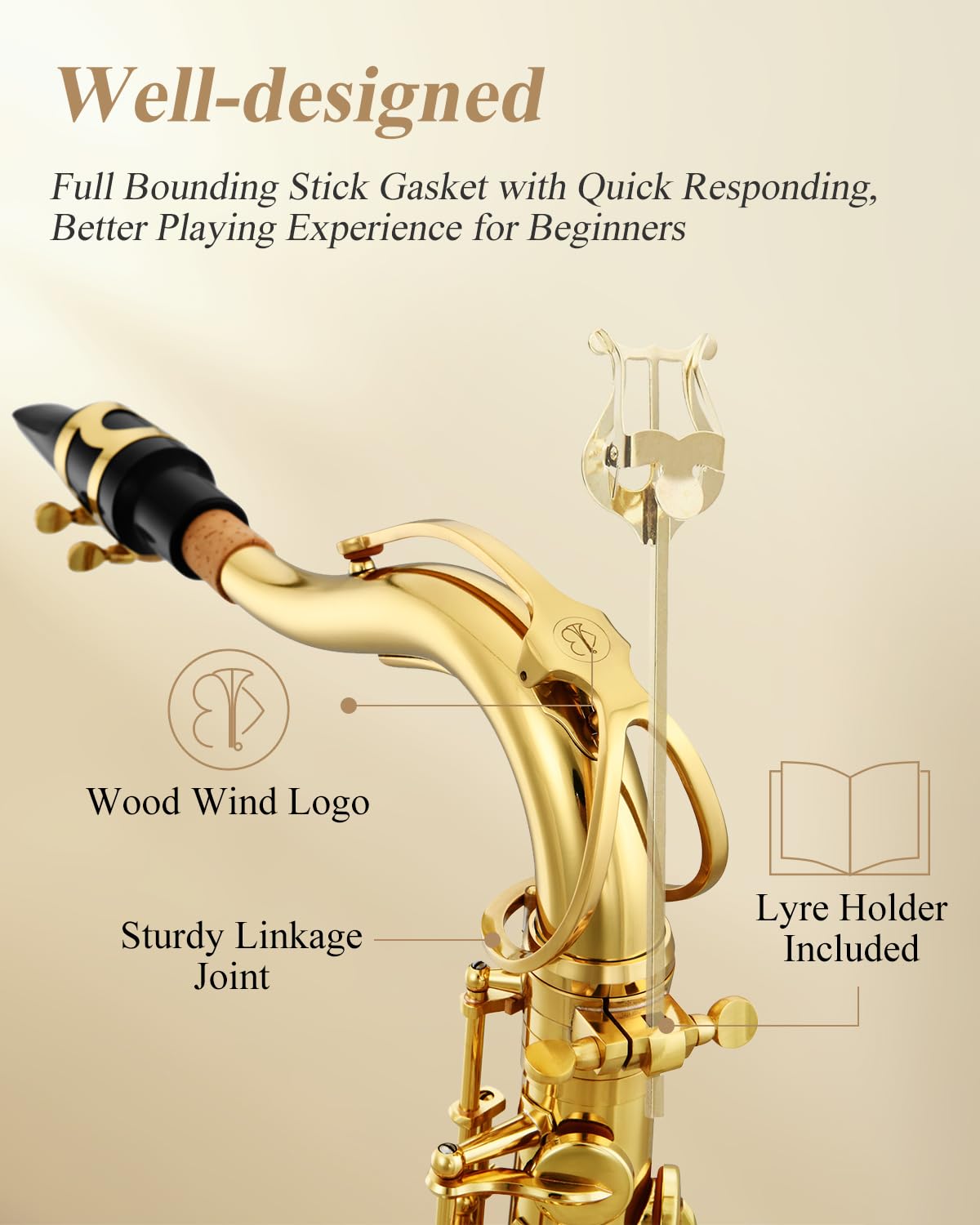 Eastar Tenor Saxophone Student Tenor Saxophone Bb Tenor Sax B Flat Gold Lacquer Beginner Saxophone With Cleaning Cloth,Carrying Case,Mouthpiece,Neck Strap, Reeds, Full Kit, TS-Ⅱ
