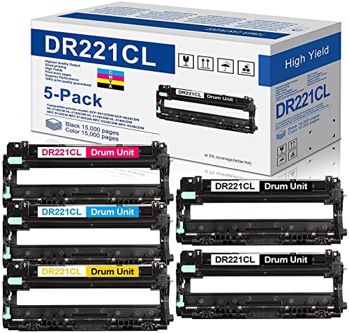 5-Pack(2BK+1C+1M+1Y) Compatible Brother DR221CL Drum Unit Sets Replacement for Brother DR221 DR-221CL DR221CL Drum Sets Unit Fits for HL-3140CW HL-3170CDW HL-3180CDW Printer (Not Including Toner)